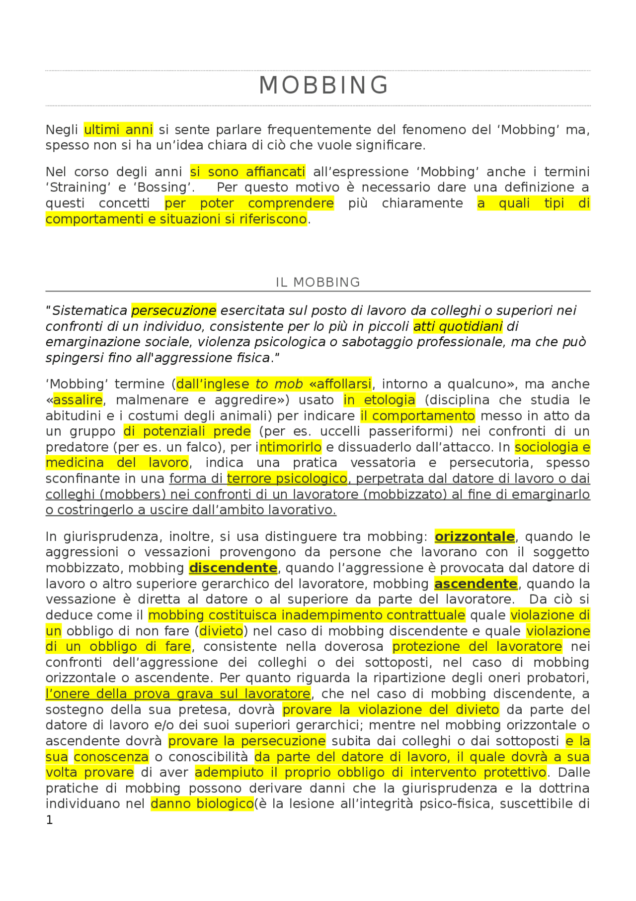 Mobbing, bossing, straining - Docsity