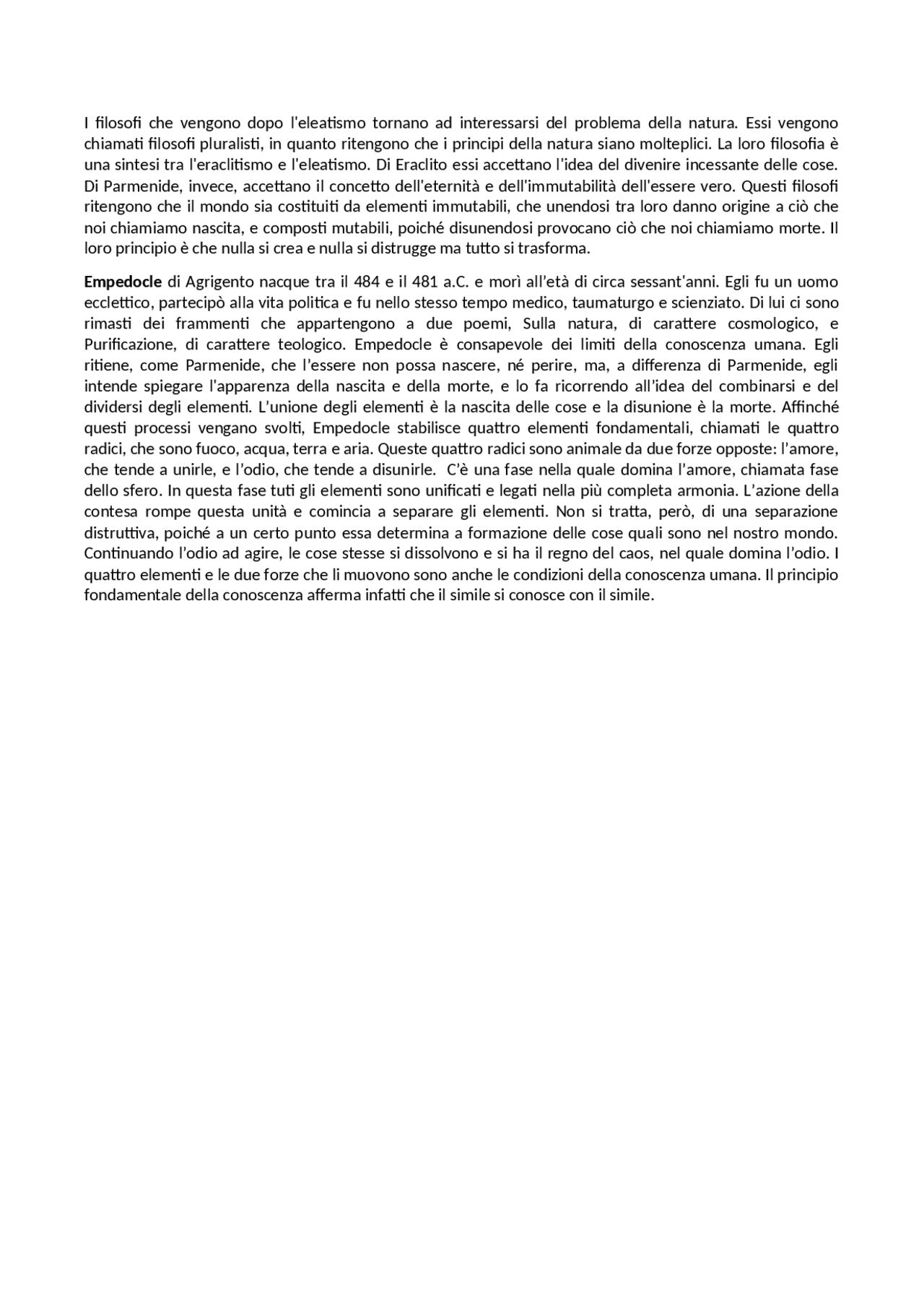 Empedocle riassunto filosofia - Docsity