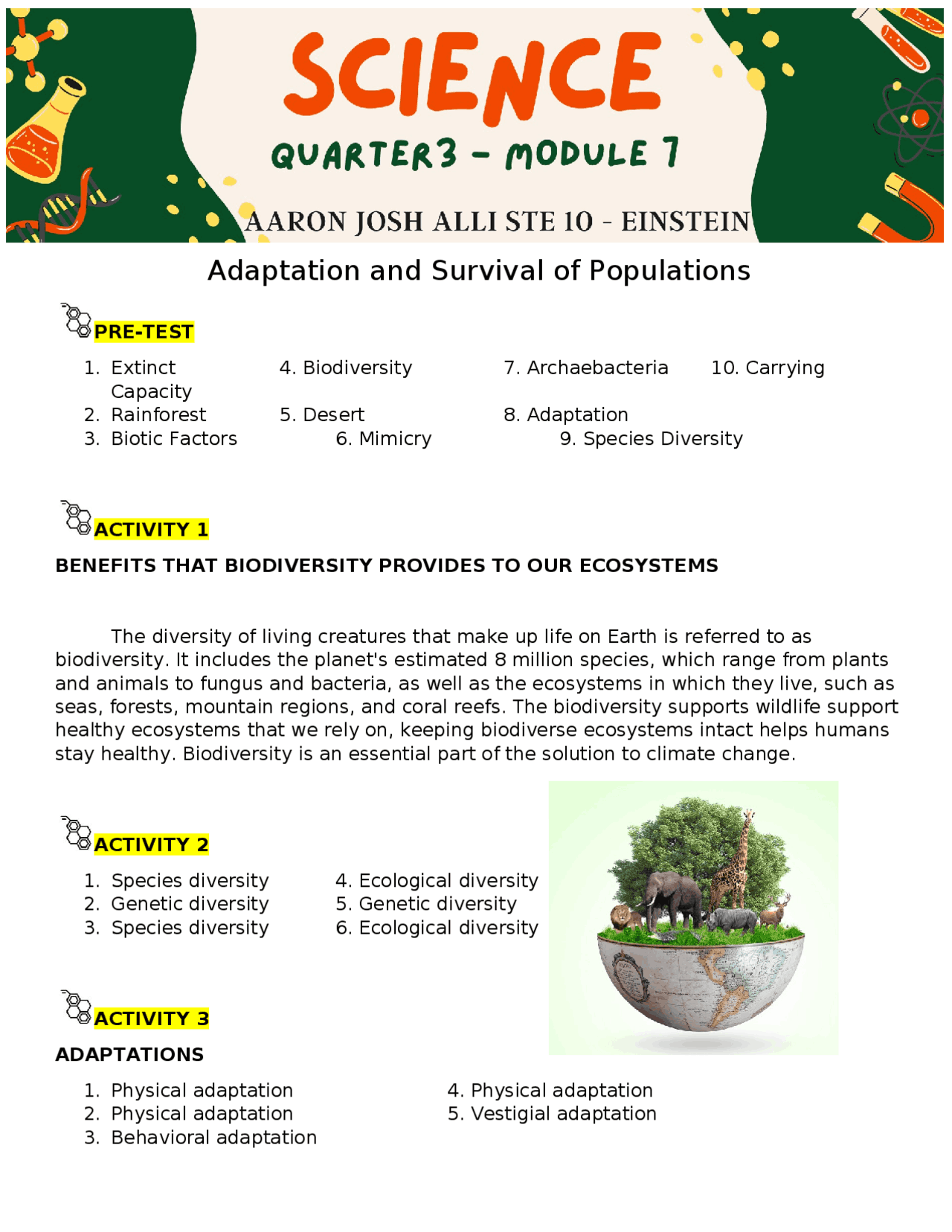 Adaptation and Survival of Populations - Docsity