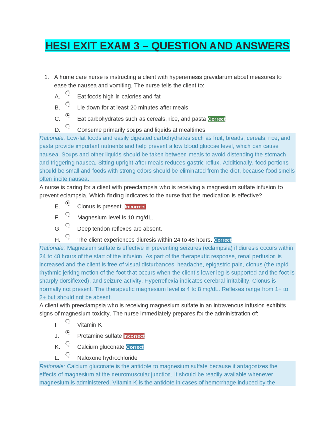 HESI EXIT EXAM 3 – QUESTION AND ANSWERS - Docsity