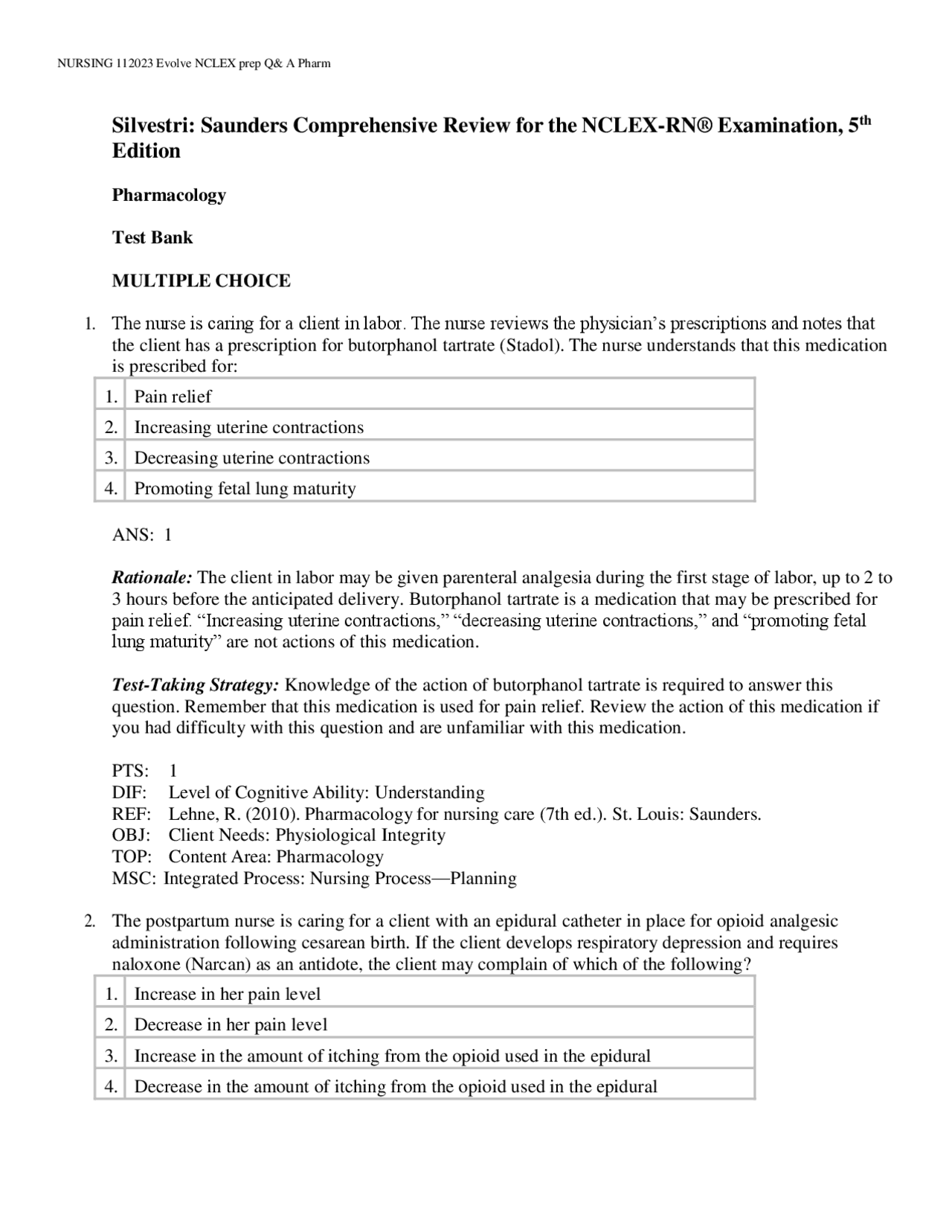 Evolve NCLEX prep Q& A Pharm/Silvestri: Saunders Comprehensive - Docsity