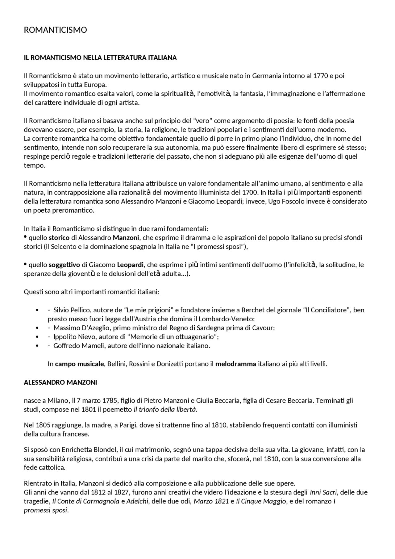 Romanticismo con Manzoni e Leopardi - Docsity