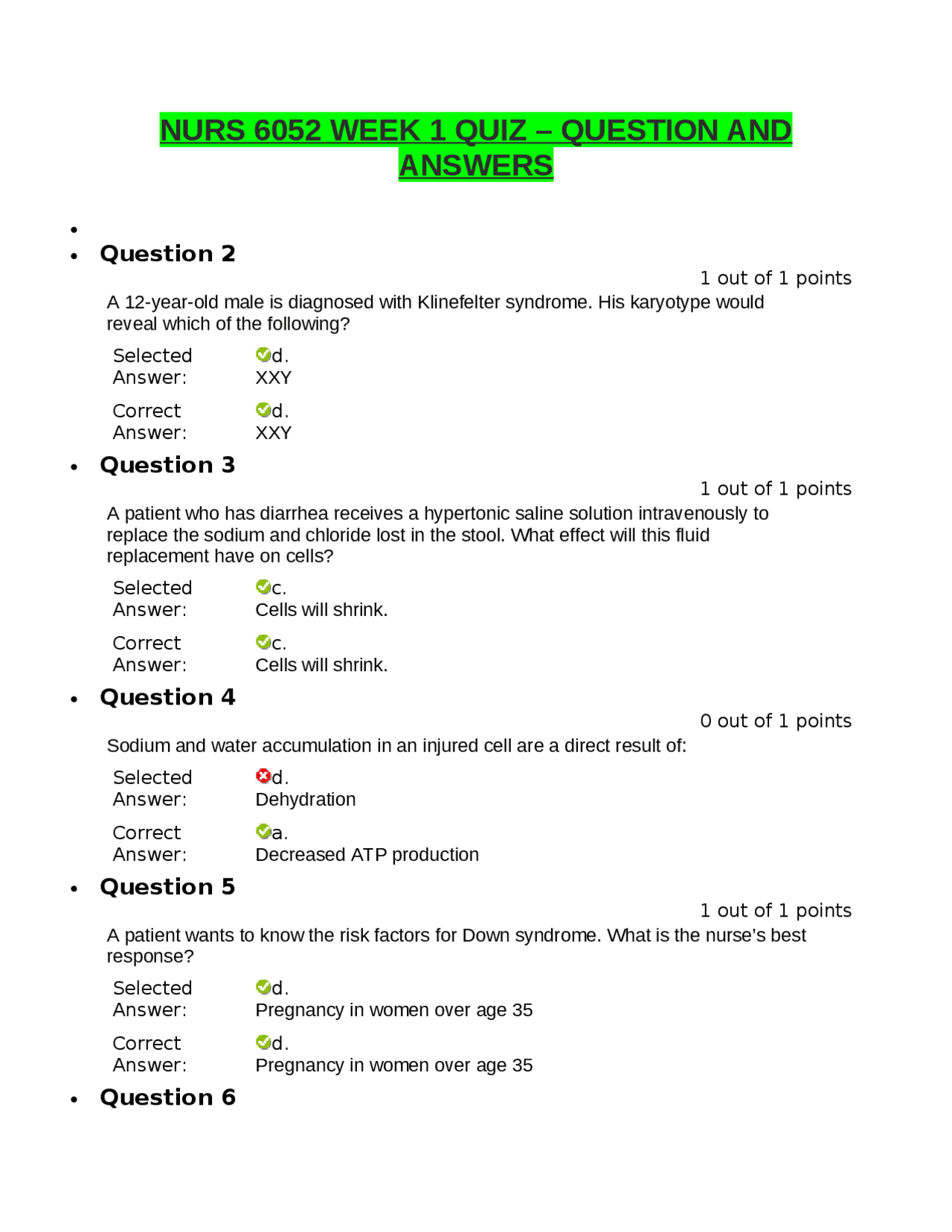 NURS 6052 WEEK 1 QUIZ – QUESTION AND ANSWERS. - Docsity