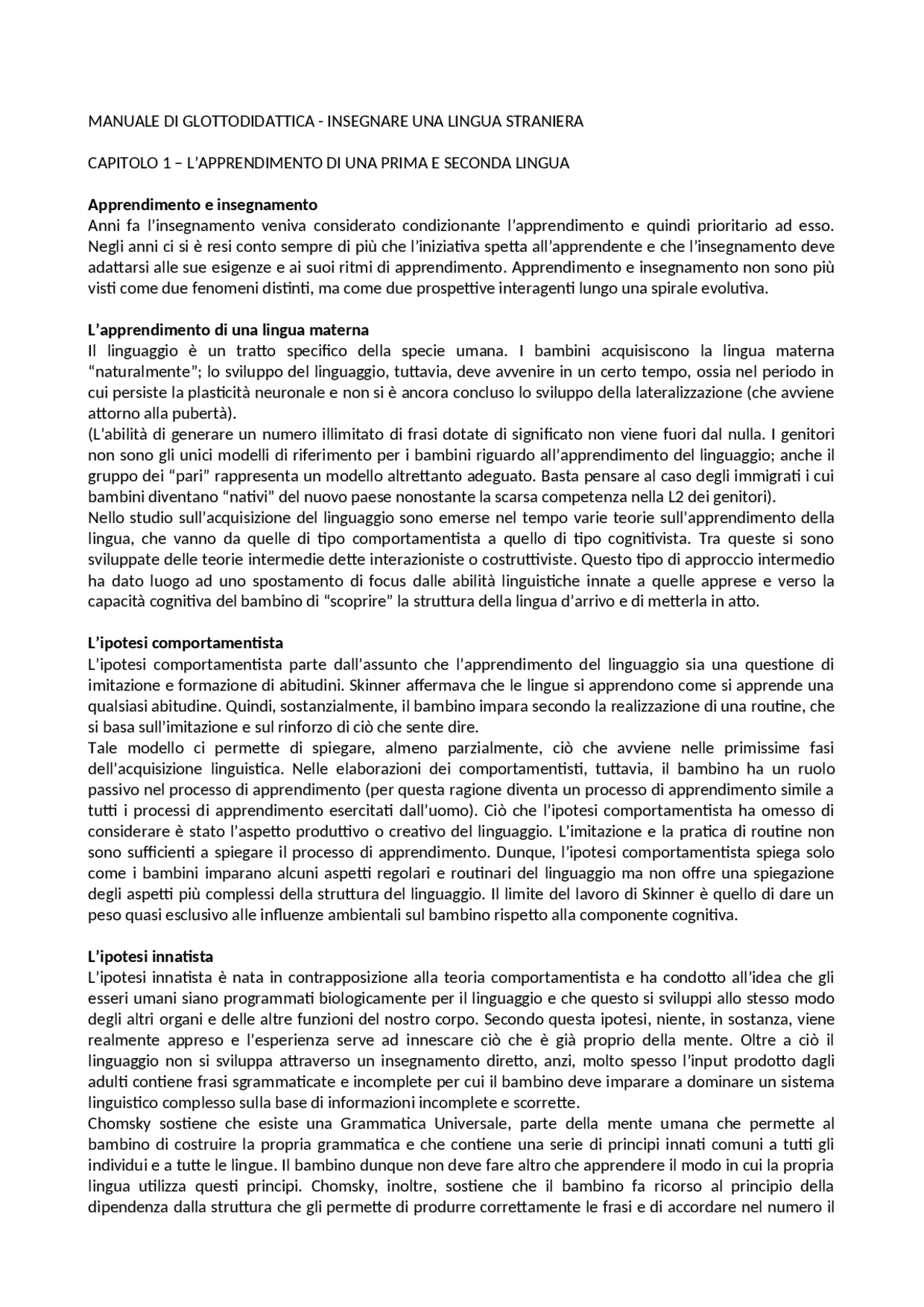 Manuale Di Glottodidattica Sintesi Del Corso Di Linguistica Docsity