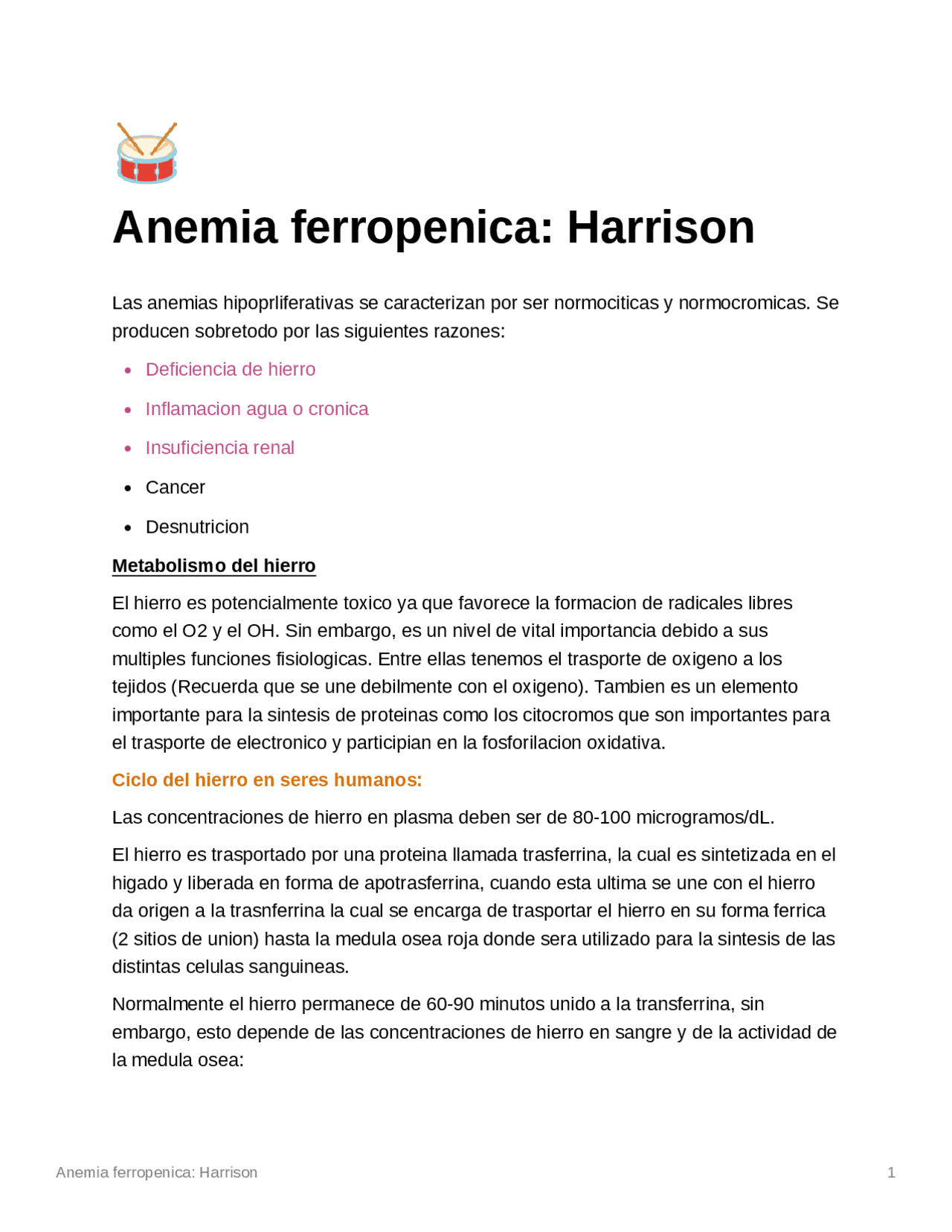 Resumen de Harrison: Anemia ferropenica | Resúmenes de Medicina Interna ...