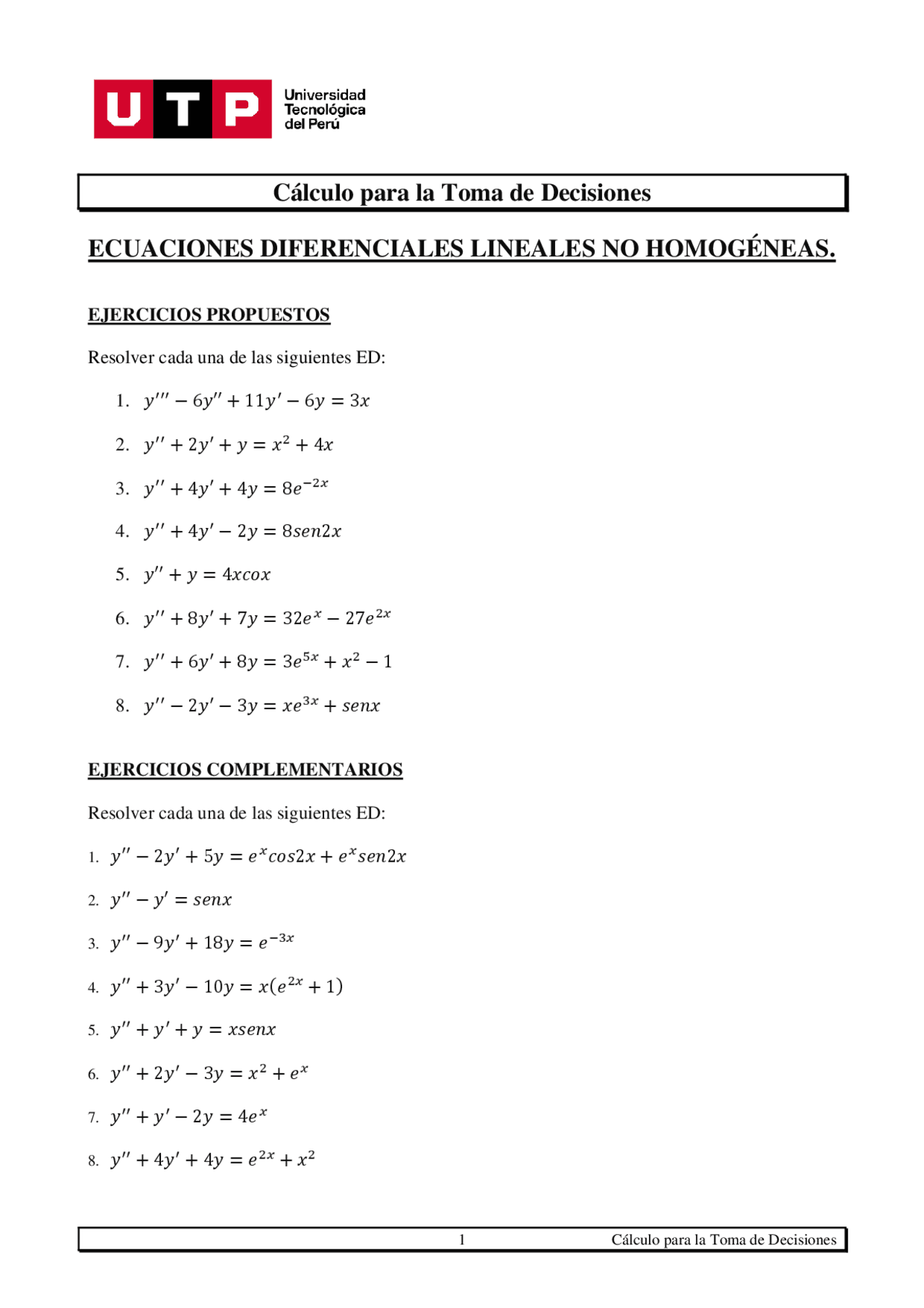 Ecuaciones diferenciales lineales no homogéneas: ejercicios propuestos y complementarios ...