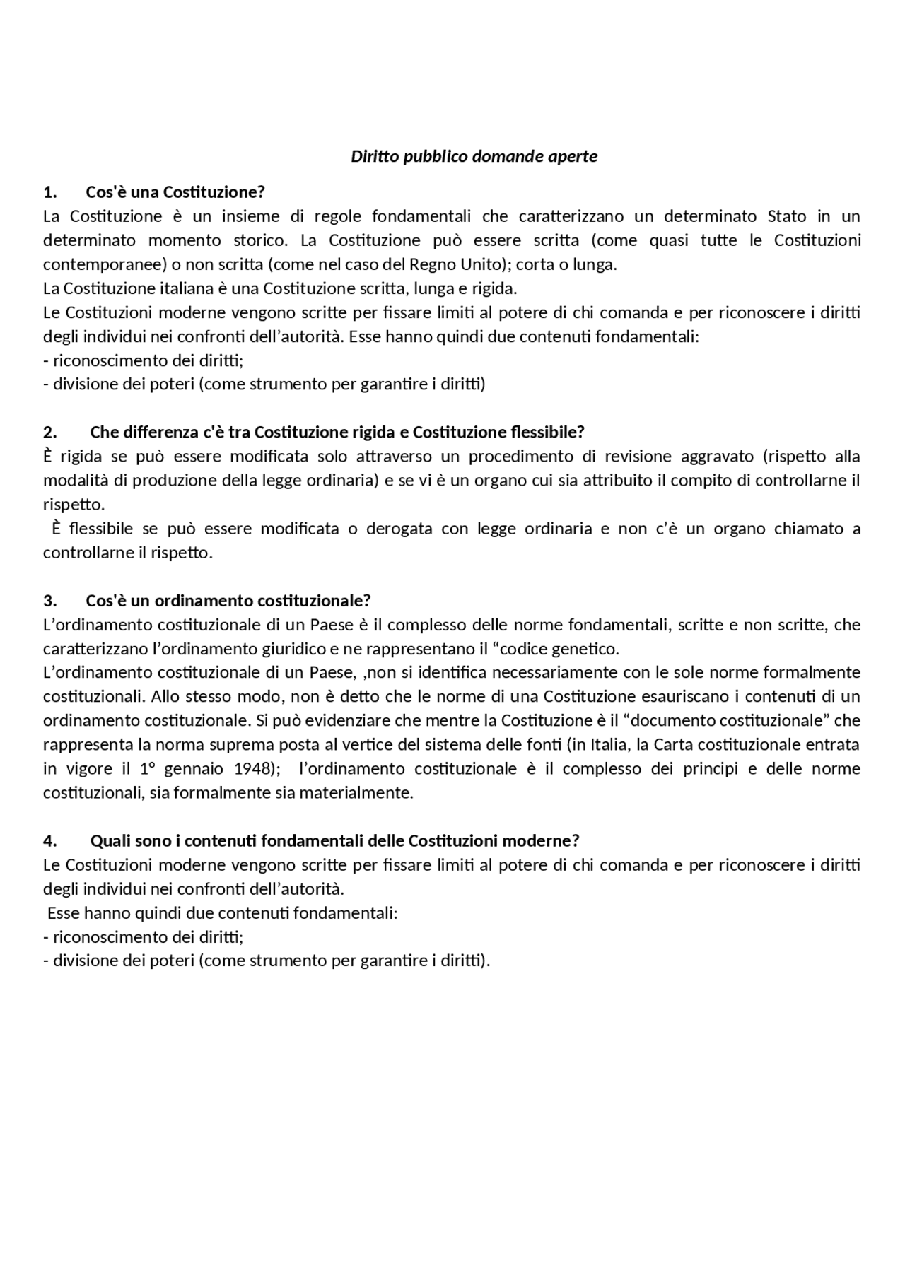 Diritto pubblico domande aperte. - Docsity