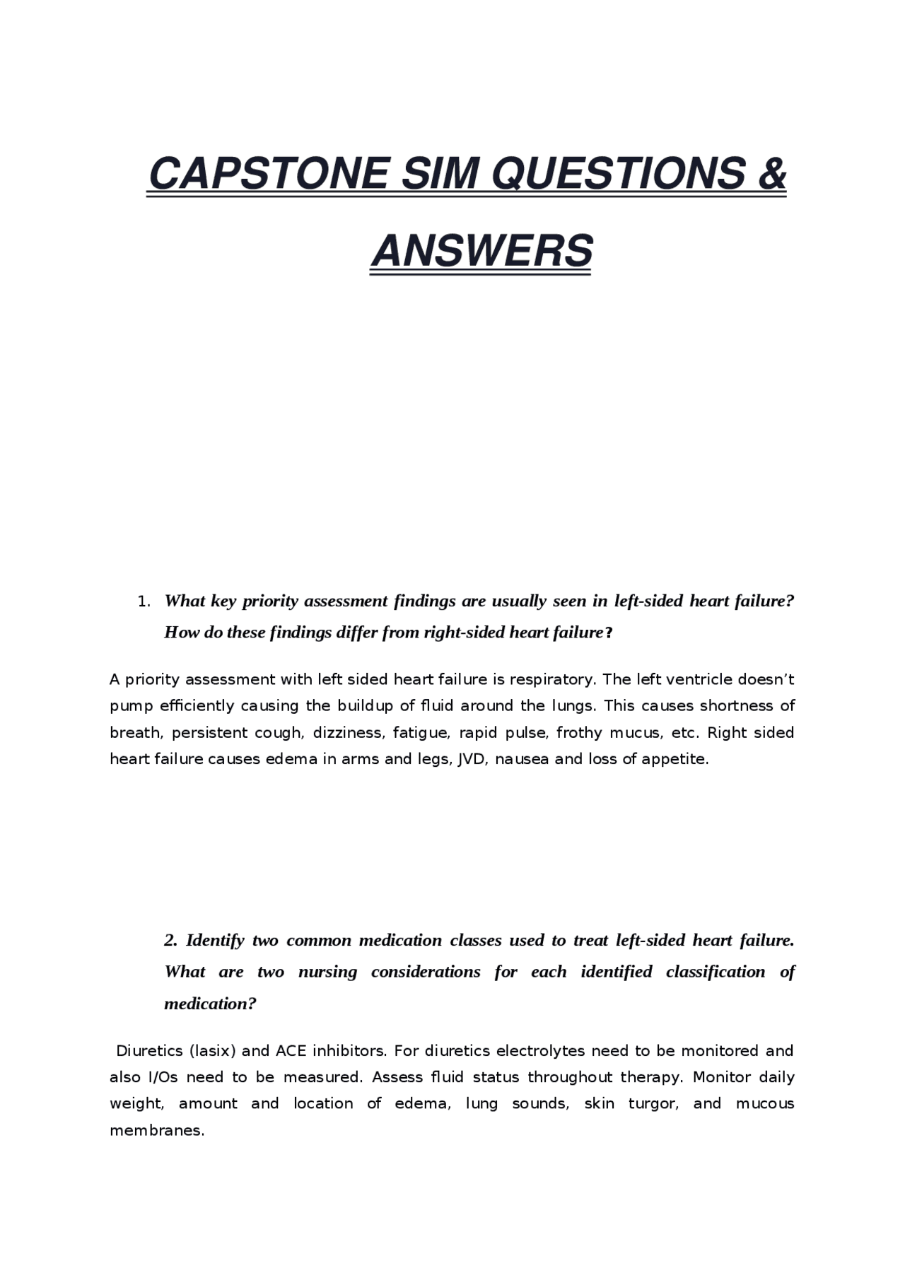 CAPSTONE SIM QUESTIONS & ANSWERS. | Exams Nursing | Docsity