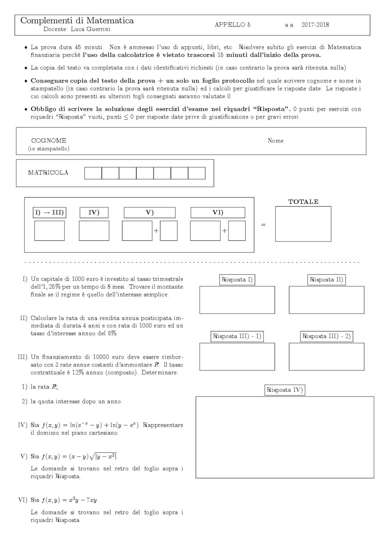 Esercizi di complementi di matematica utili per l'esame - Docsity