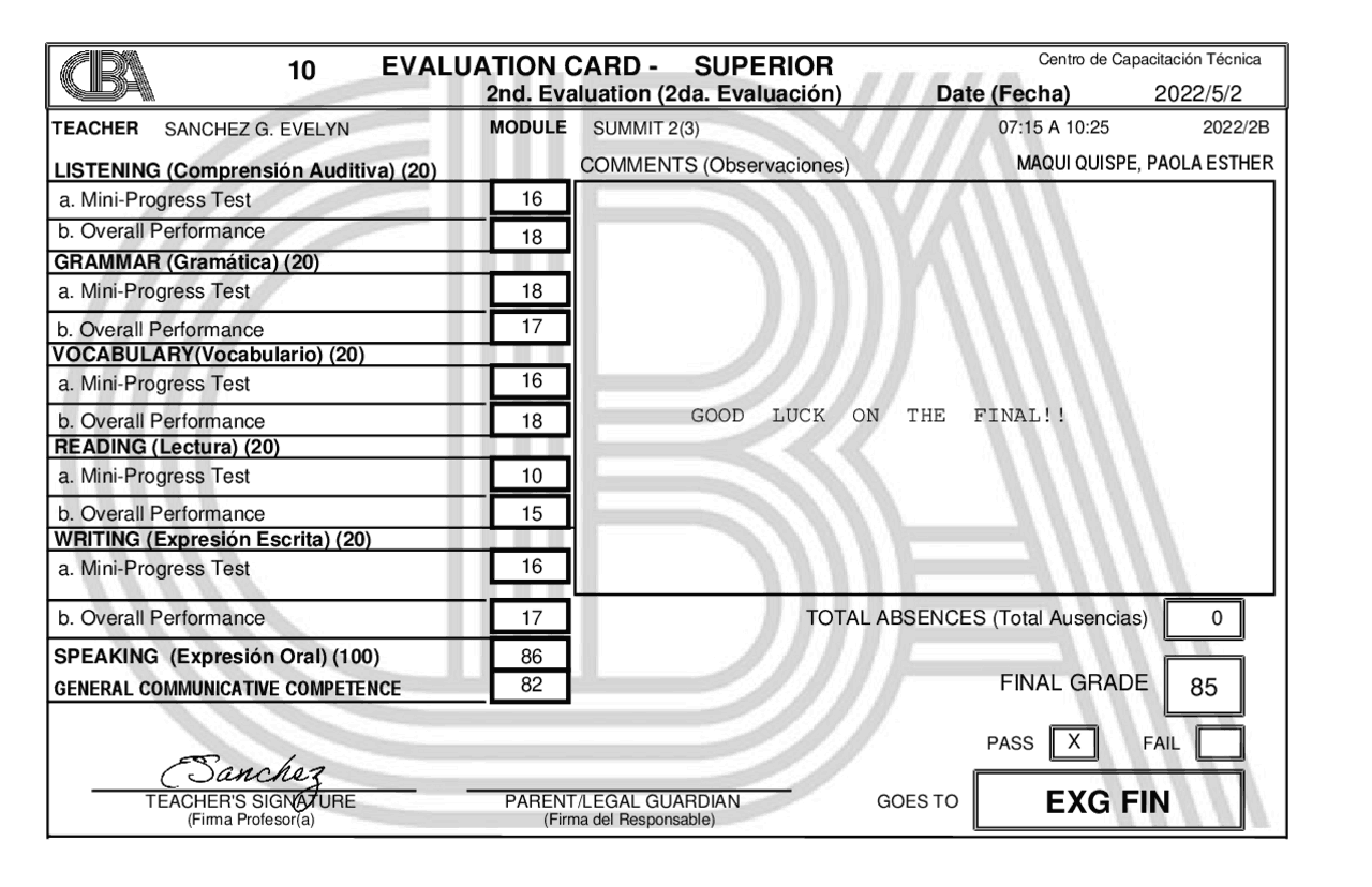 Manual evaluation card - Docsity
