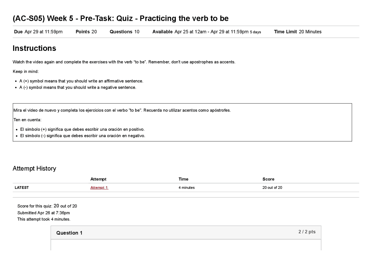 Ac S05 Week 5 Pre Task Quiz Practicing The Verb To Be Ingles I
