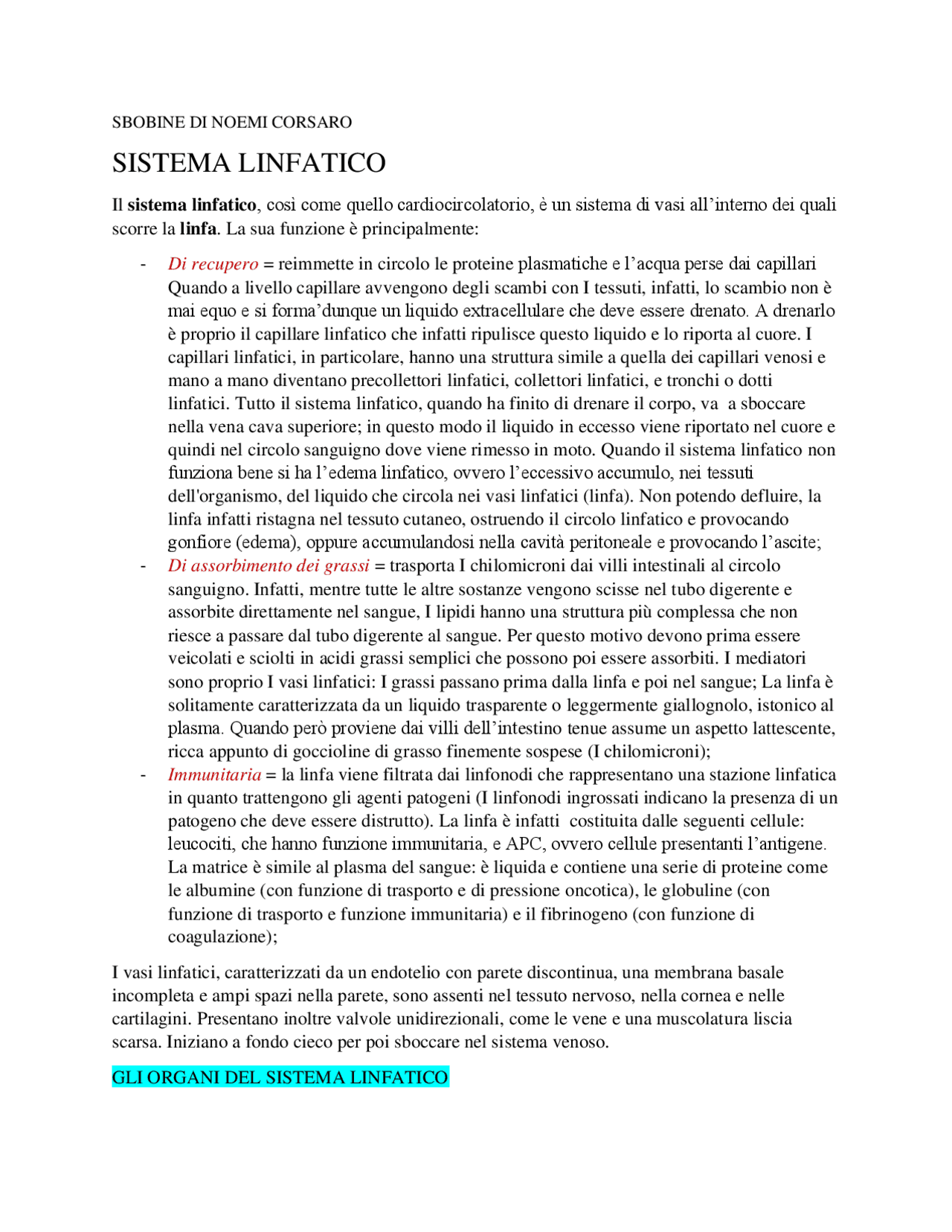 Sbobina Sistema Linfatico Docsity