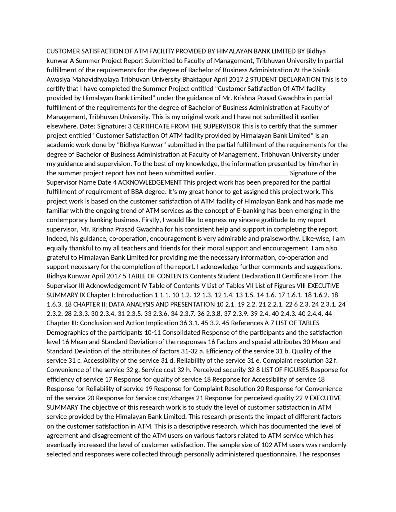 CUSTOMER SATISFACTION OF ATM | Summaries Sociology | Docsity