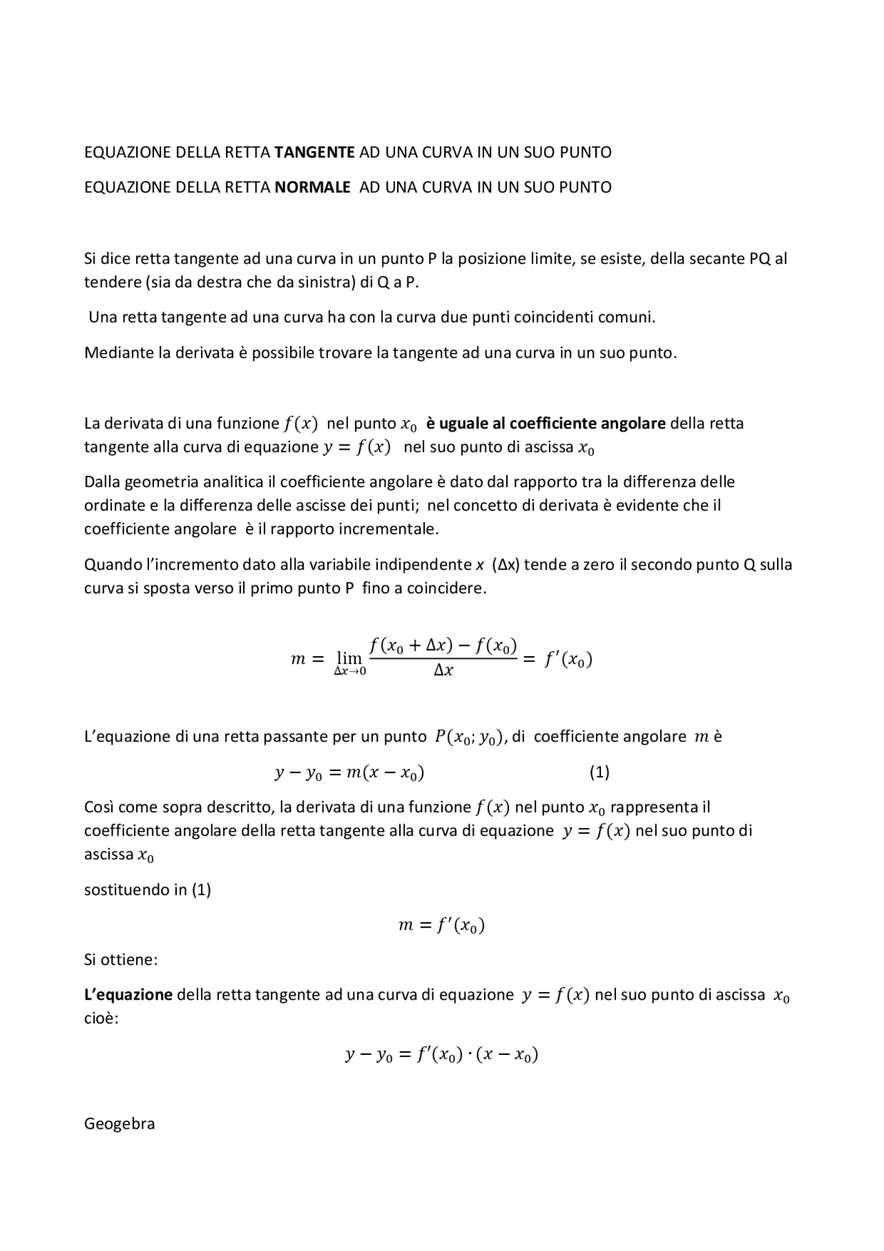 Equazione della retta e della tangente | Appunti di Matematica | Docsity