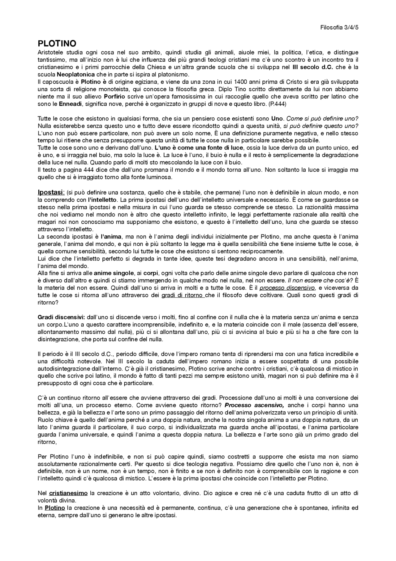 Appunti su Plotino, ipostasi - Docsity