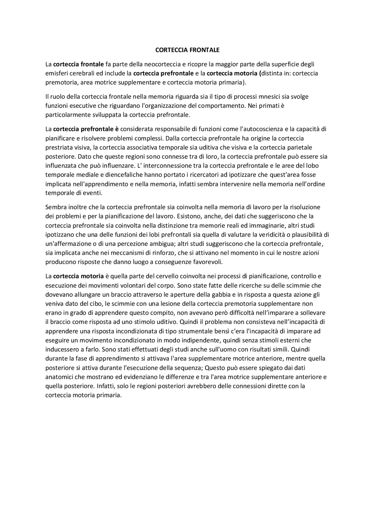 Psicobiologia- Corteccia Frontale - Docsity