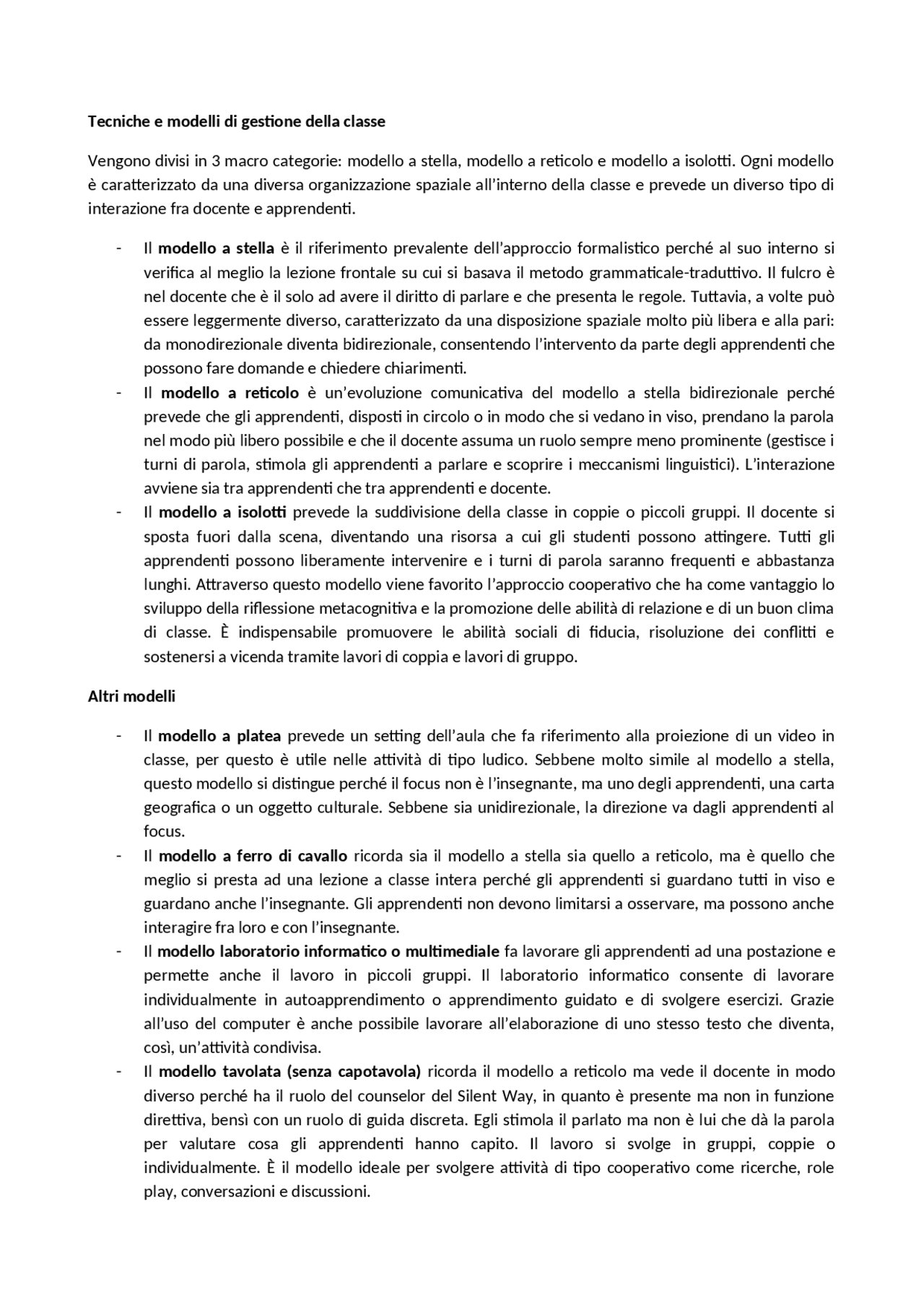 Tecniche e modelli di gestione della classe + tipi di attività/esercizi ...