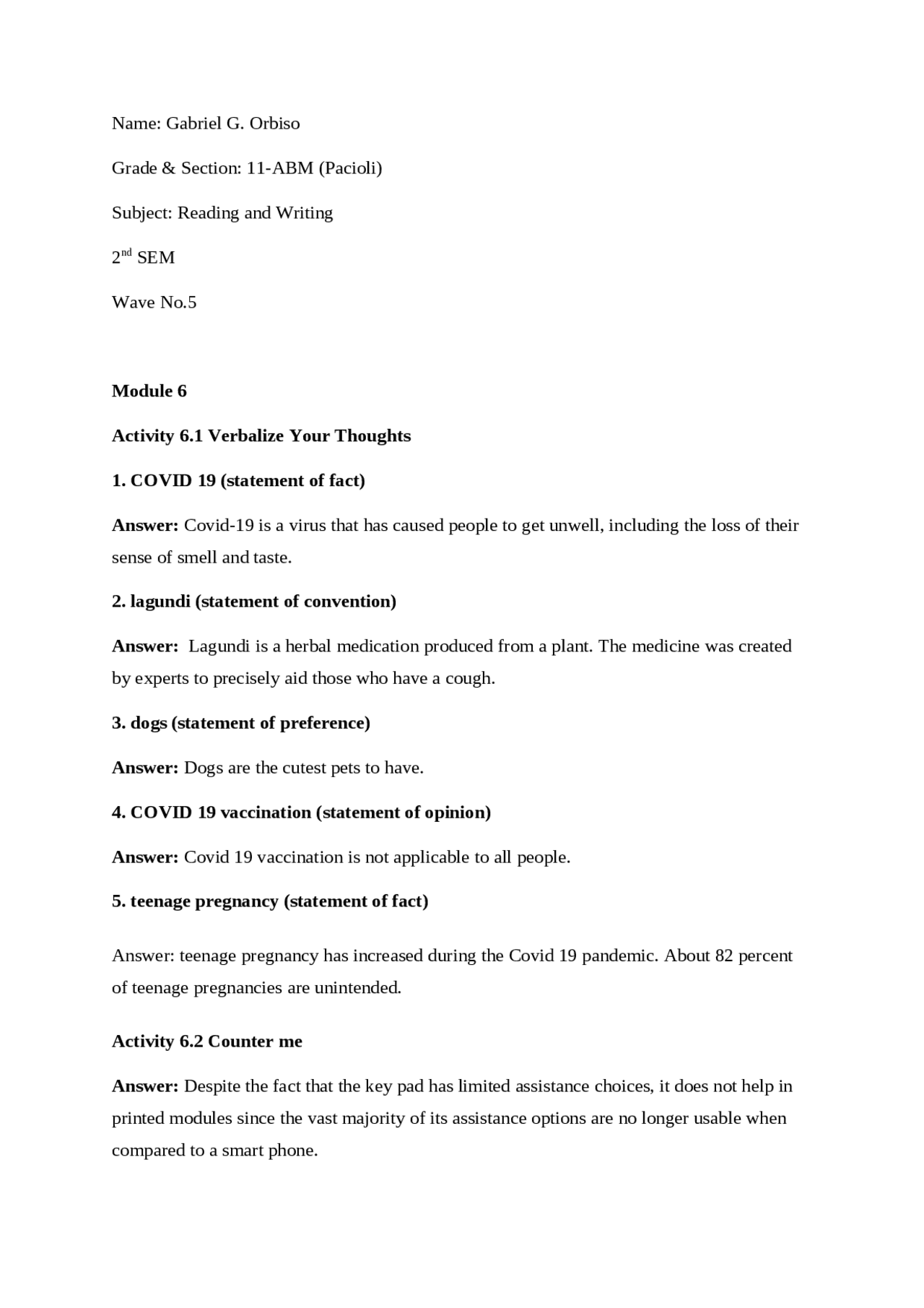 Reading and Writing self learning home task - Docsity