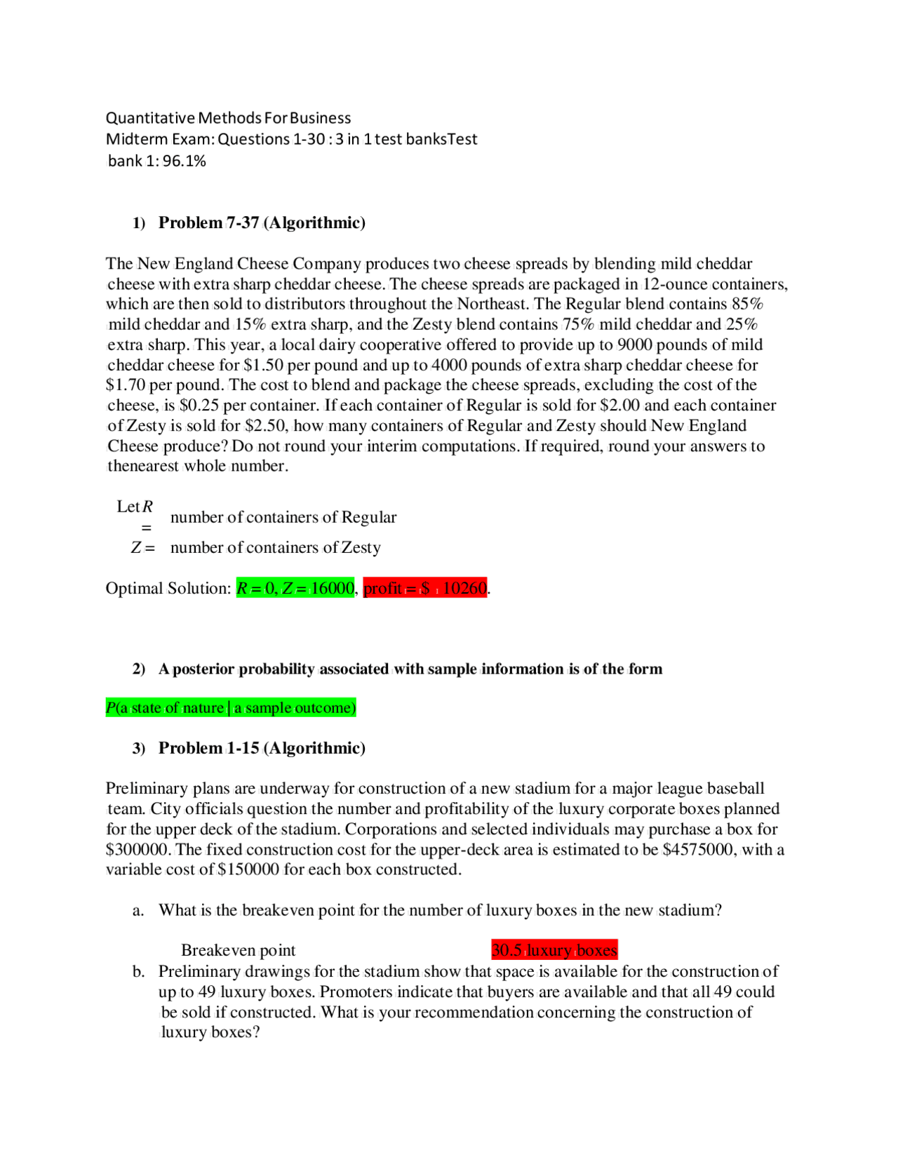 BUS 660 Quantitative_Methods_For_Business Midterm QUESTIONS /ANSWERS 2022 - Docsity