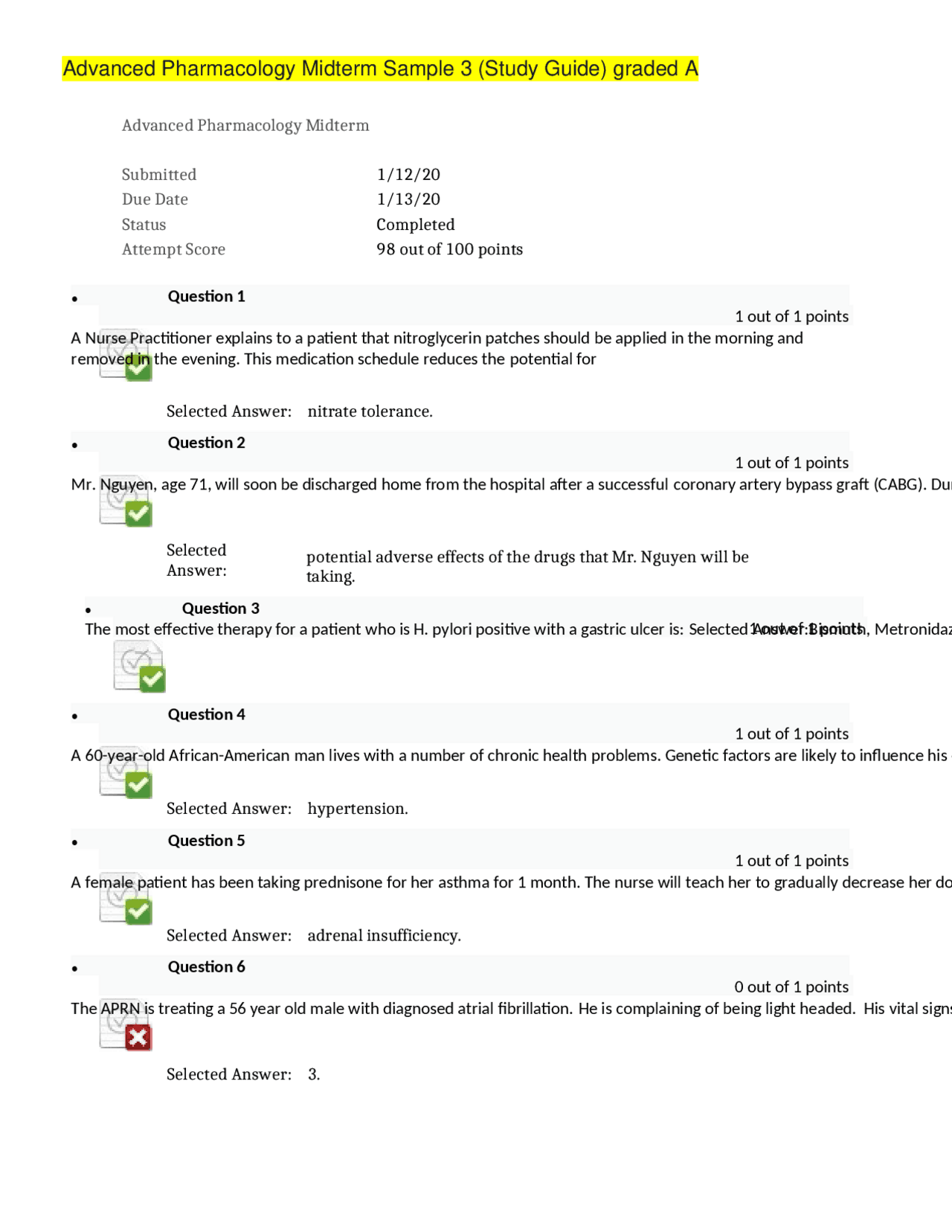 Advanced Pharmacology Midterm Sample 3 (Study Guide) | Exams Nursing ...