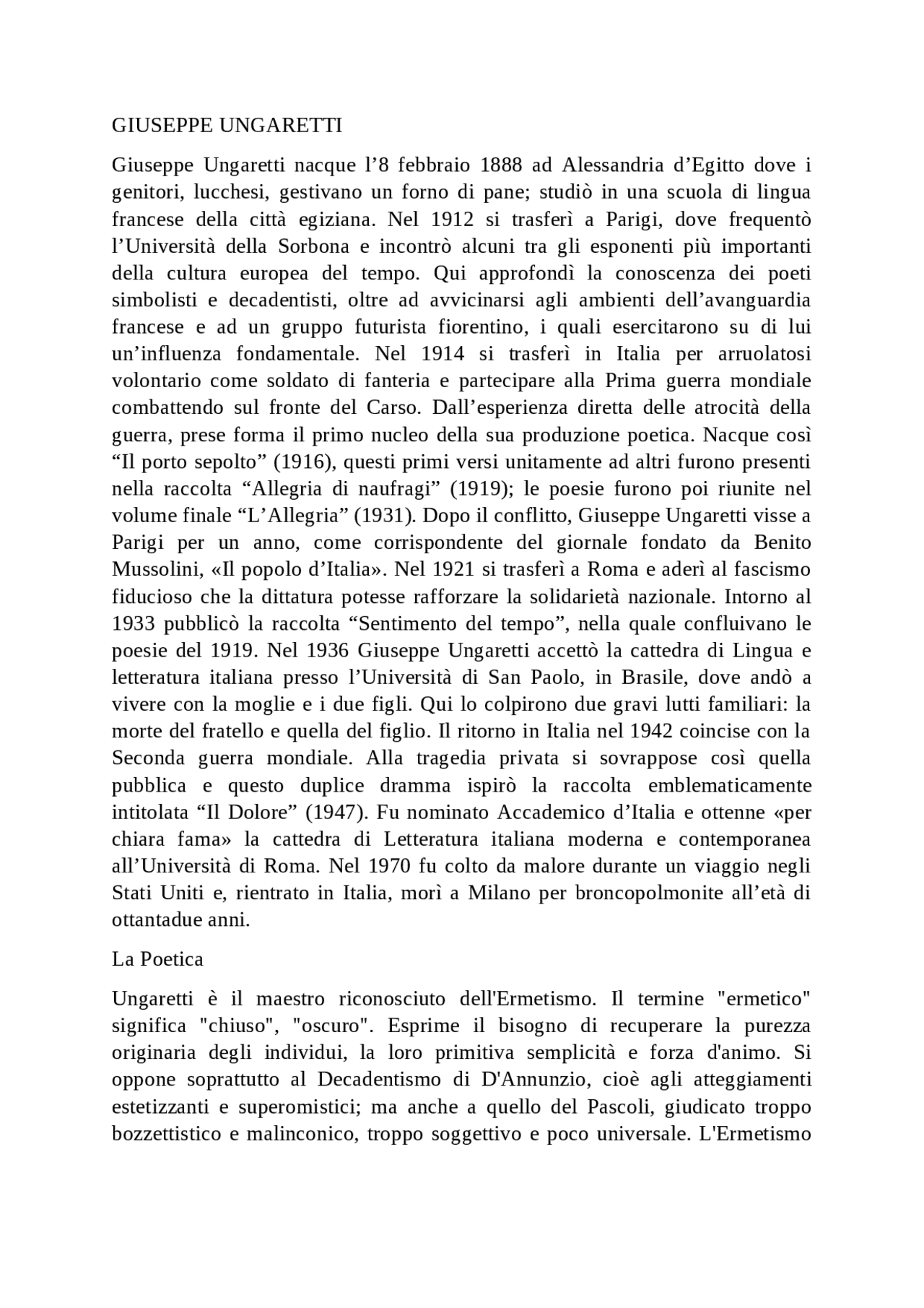 Giuseppe Ungaretti Vita E Opere Docsity