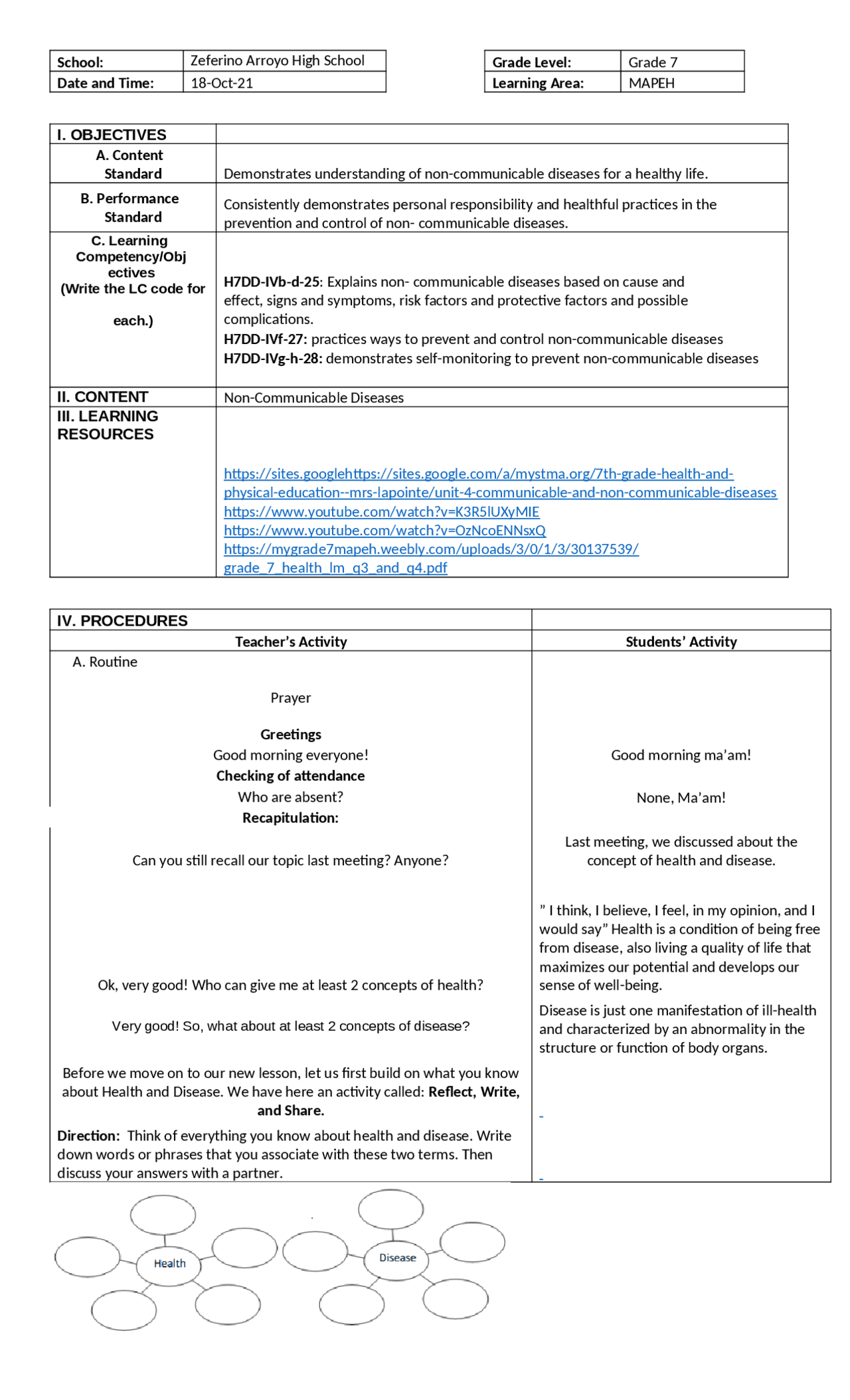 Detailed Lesson Plan for MAPEH 7 | Lecture notes Physical education ...