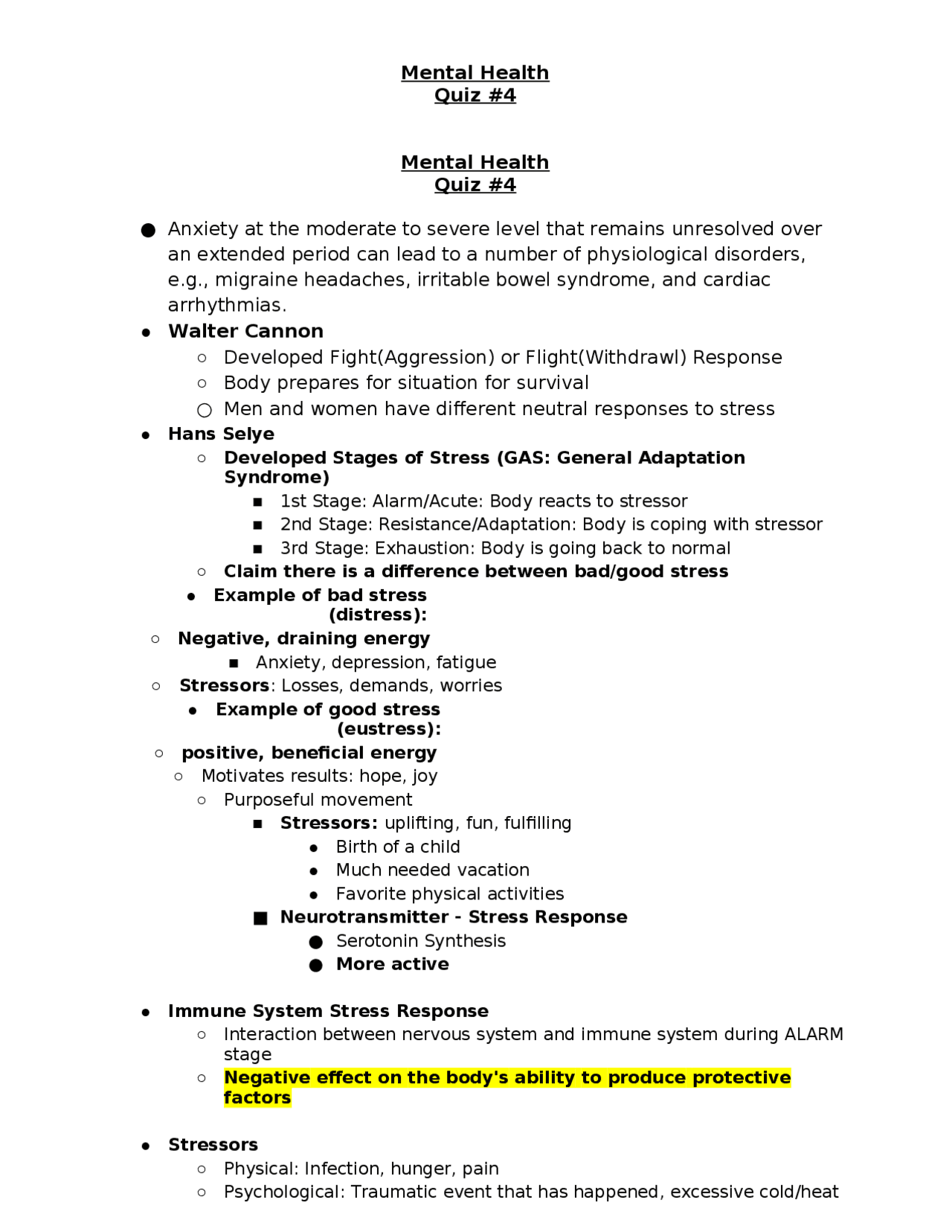 Mental Health Quiz #4 | Exams Health sciences | Docsity