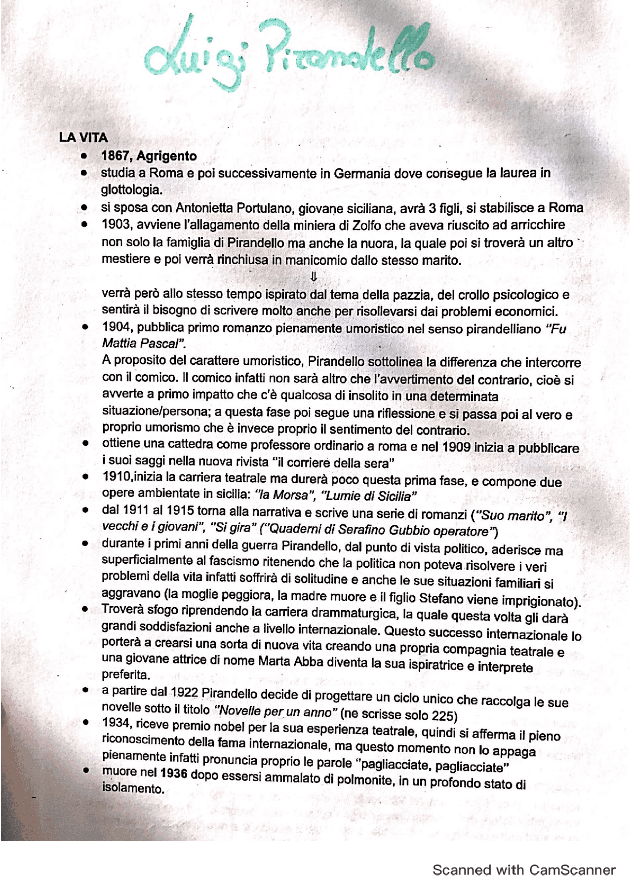 Riassunto vita e opere di Luigi Pirandello - Docsity
