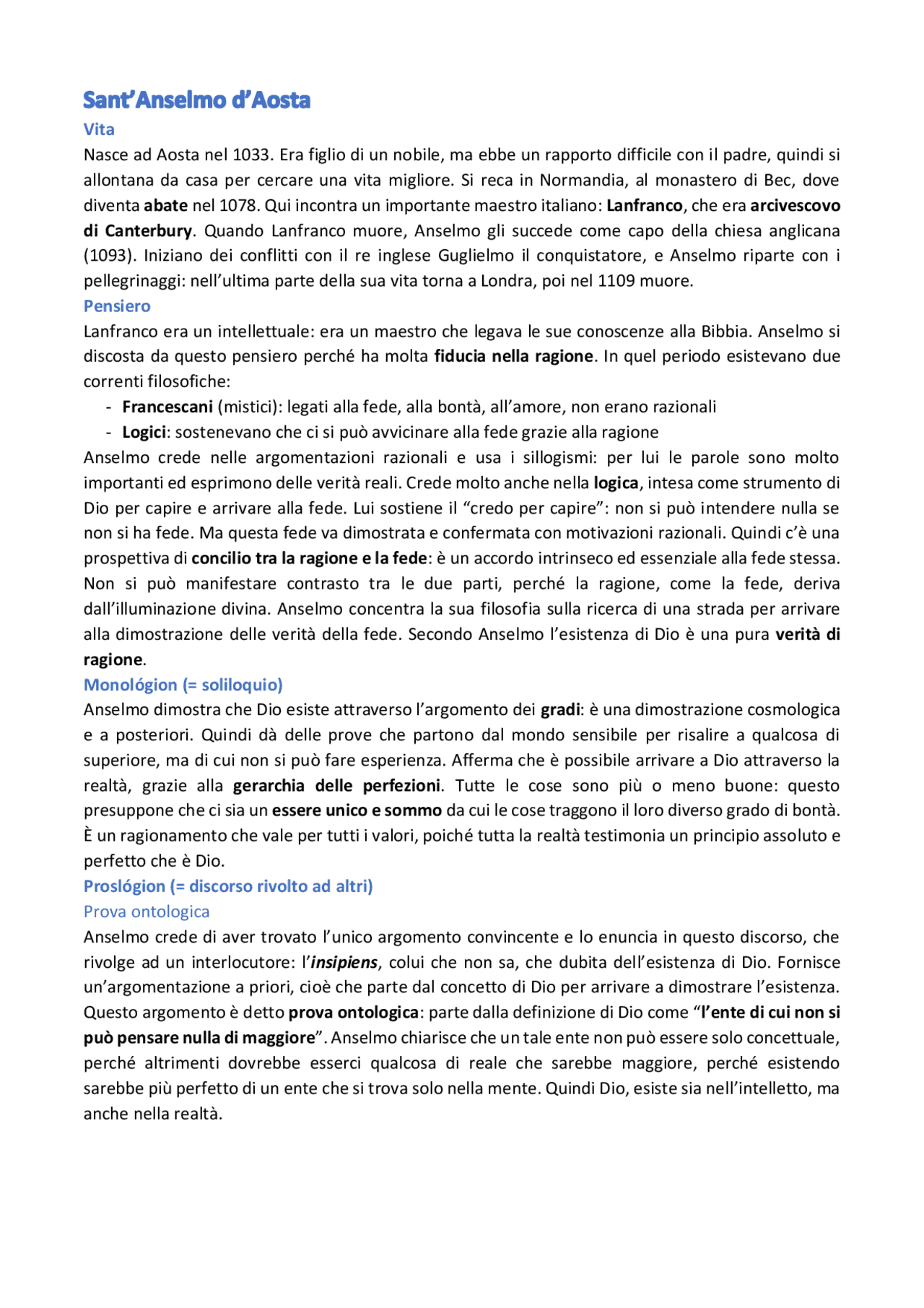 Vita E Opere Di San Tommaso E Sant Anselmo Docsity