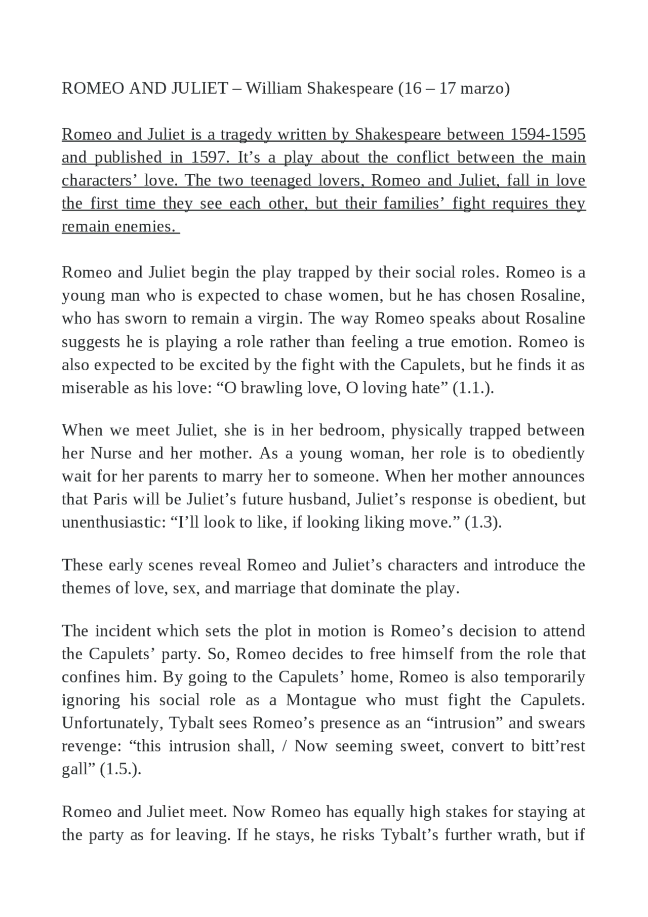 Romeo And Juliet W Shakespeare Docsity