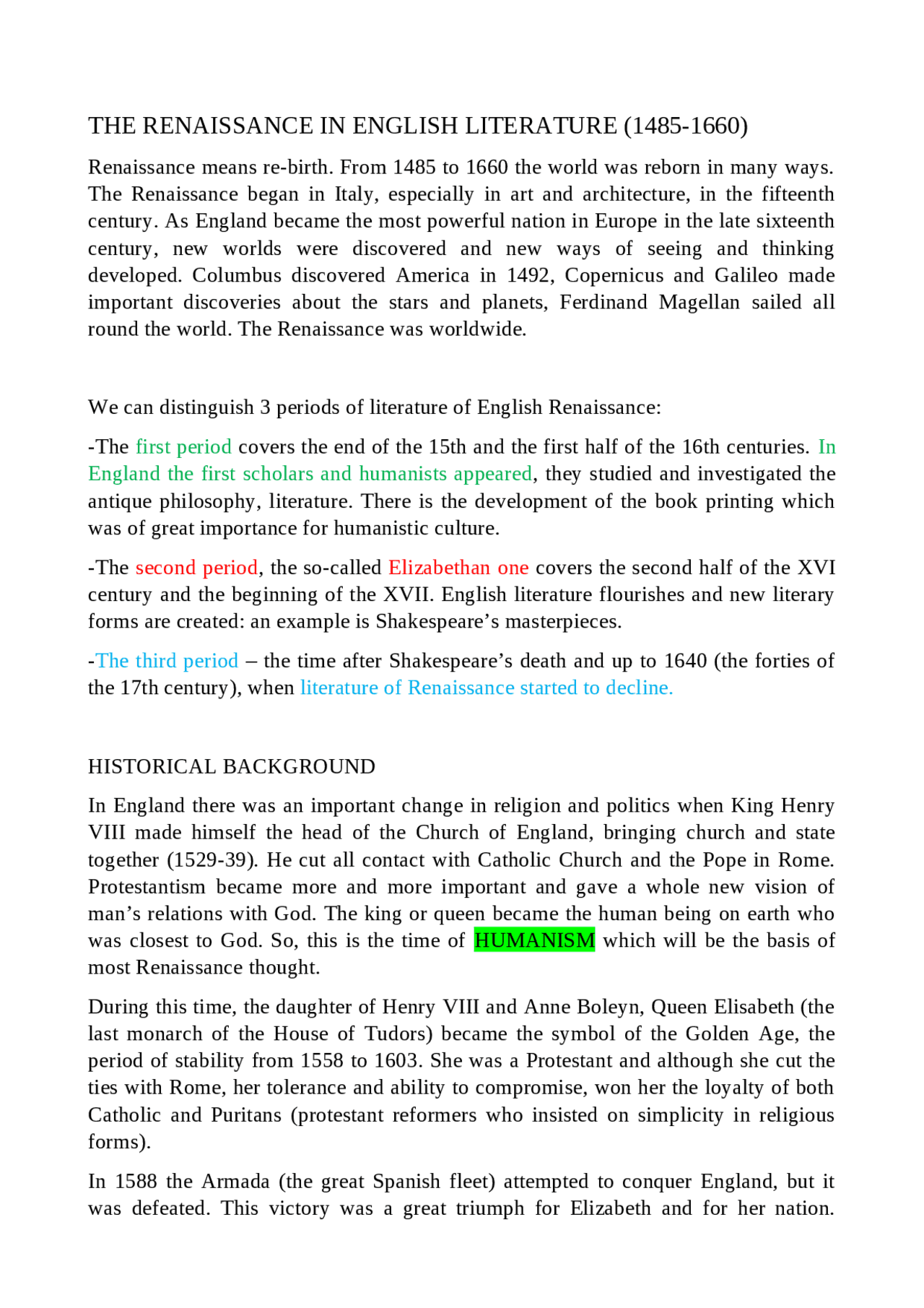 The Renaissance in English Literature - Docsity