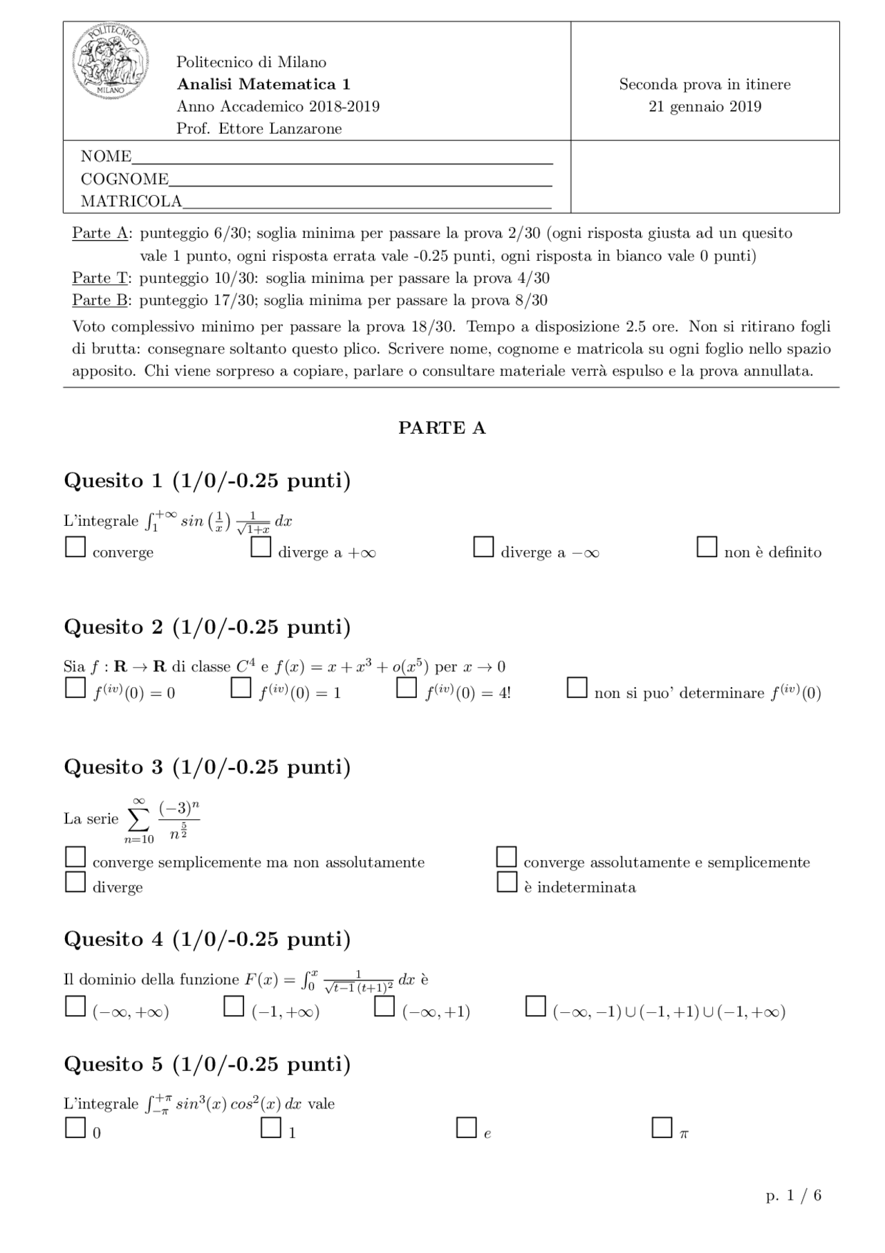 Prova di esame di Analisi Matematica 1, Politecnico di Milano, Anno Accademico 2018-2019 | Prove ...