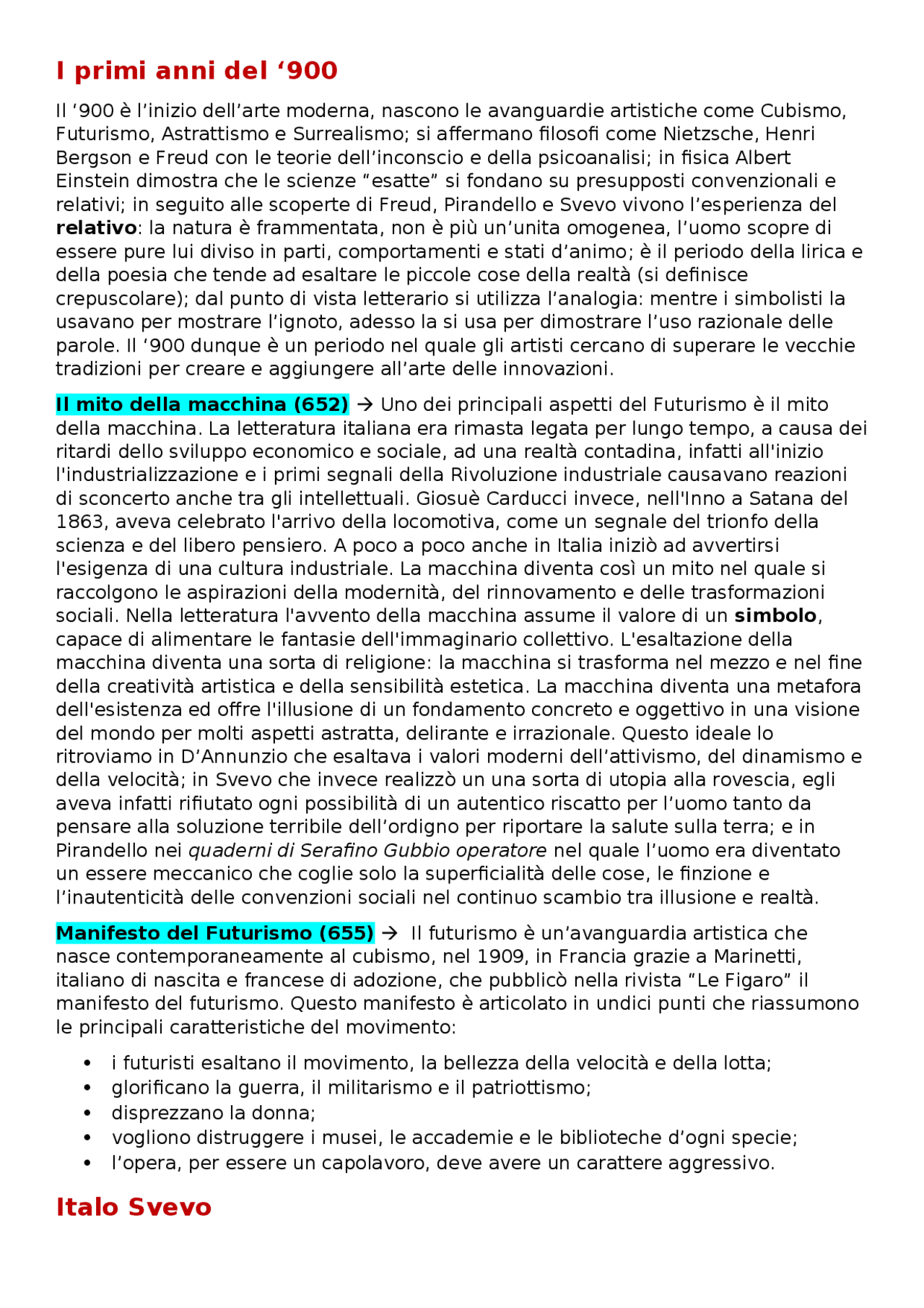 Il 900, Svevo e Pirandello | Appunti di Italiano | Docsity