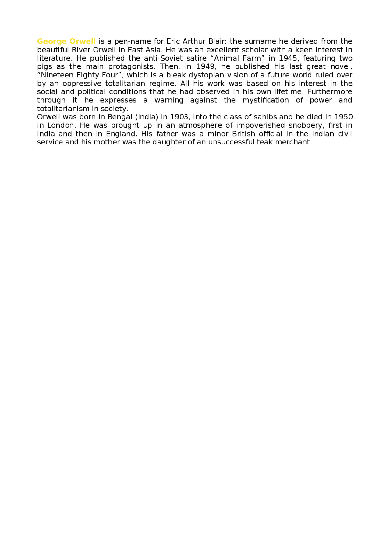 English literature: George Orwell - Docsity