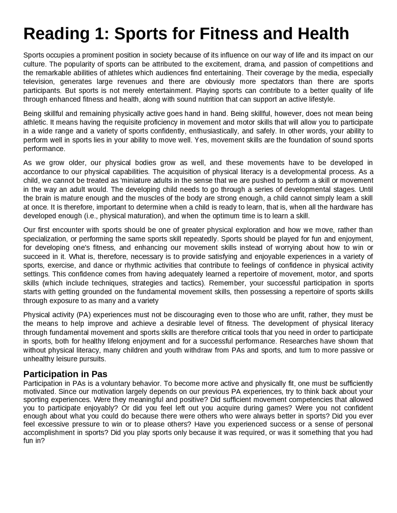 Reading 1: Sports for Fitness and Health | Summaries English | Docsity
