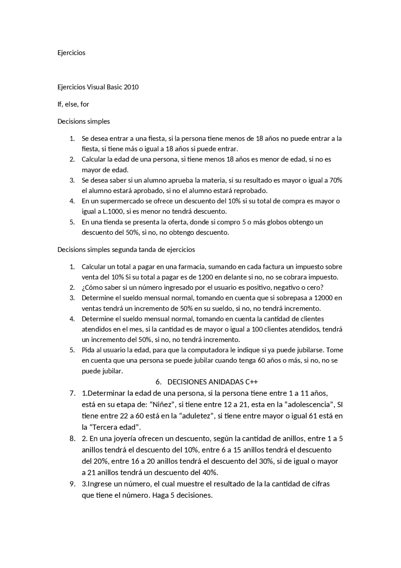 Ejercicios De Programación Docsity