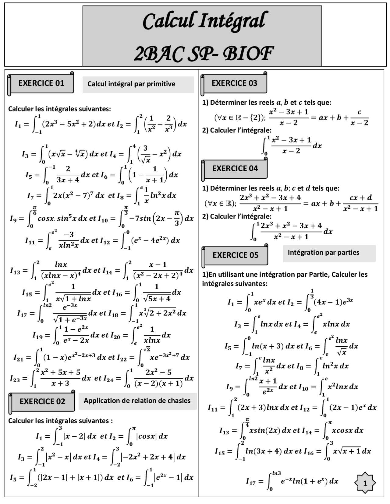 Integral calcul 2 bac fr | Exercises Mathematics - Docsity