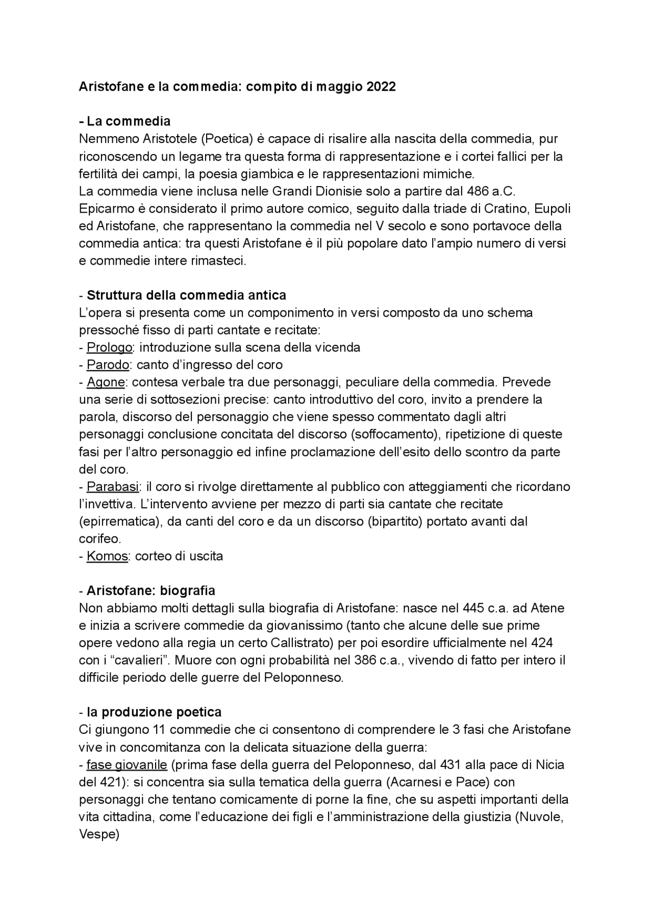 Aristofane e la commedia antica - quarto superiore - Docsity
