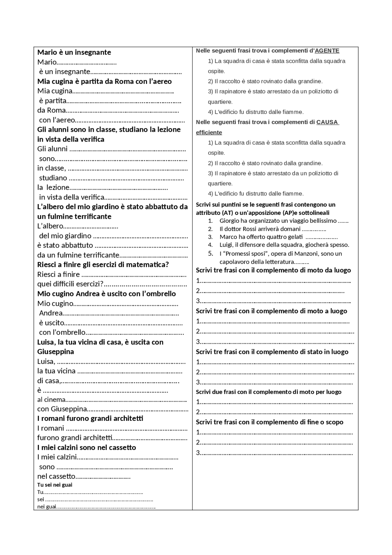 Esercizi sui complementi - Docsity