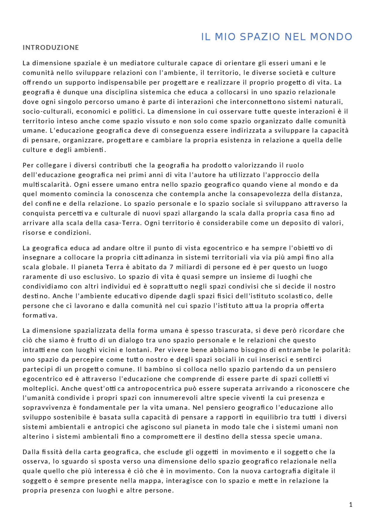 IL MIO SPAZIO NEL MONDO riassunto - Docsity