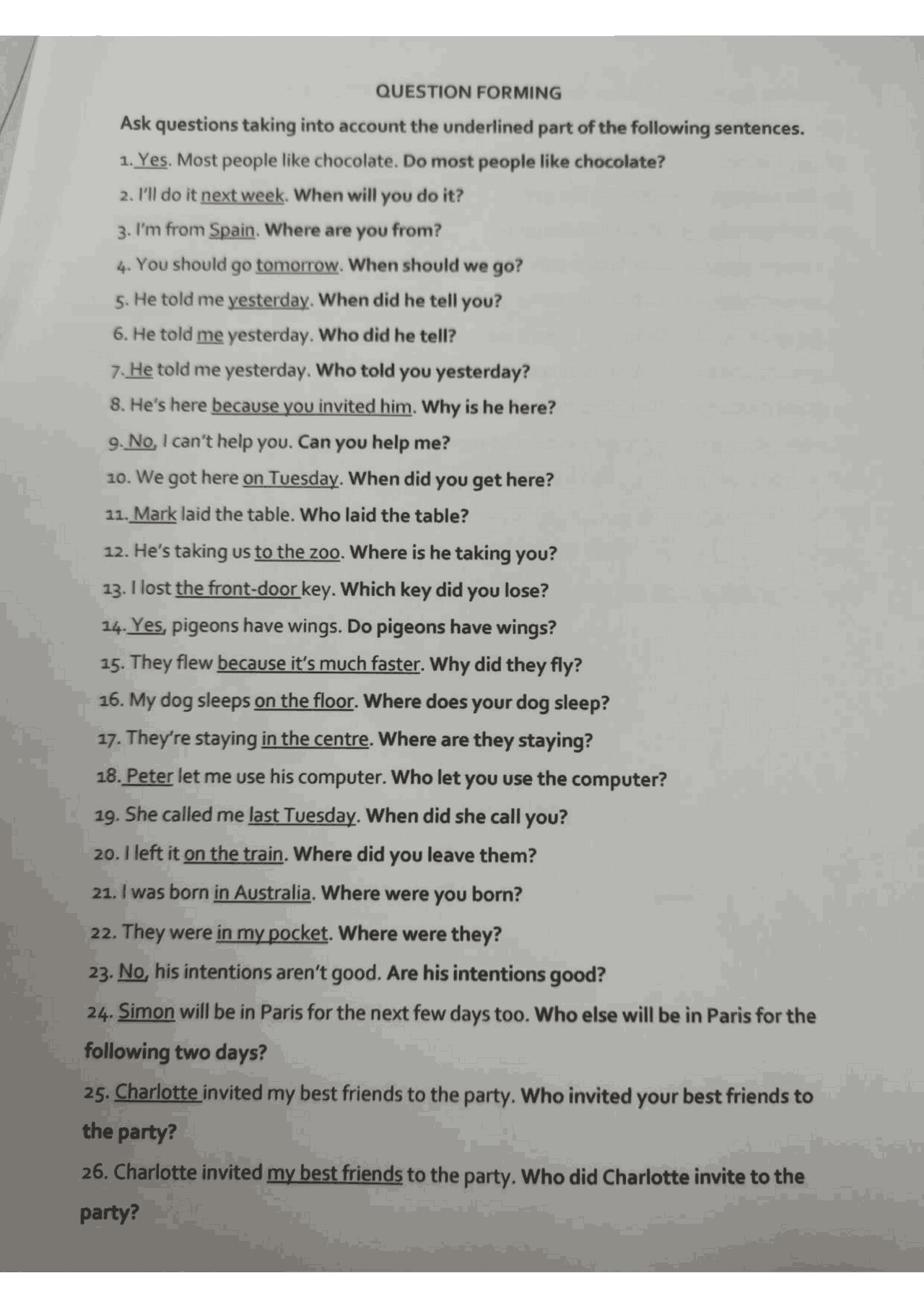QUESTION FORMING EXCERCISES - Docsity
