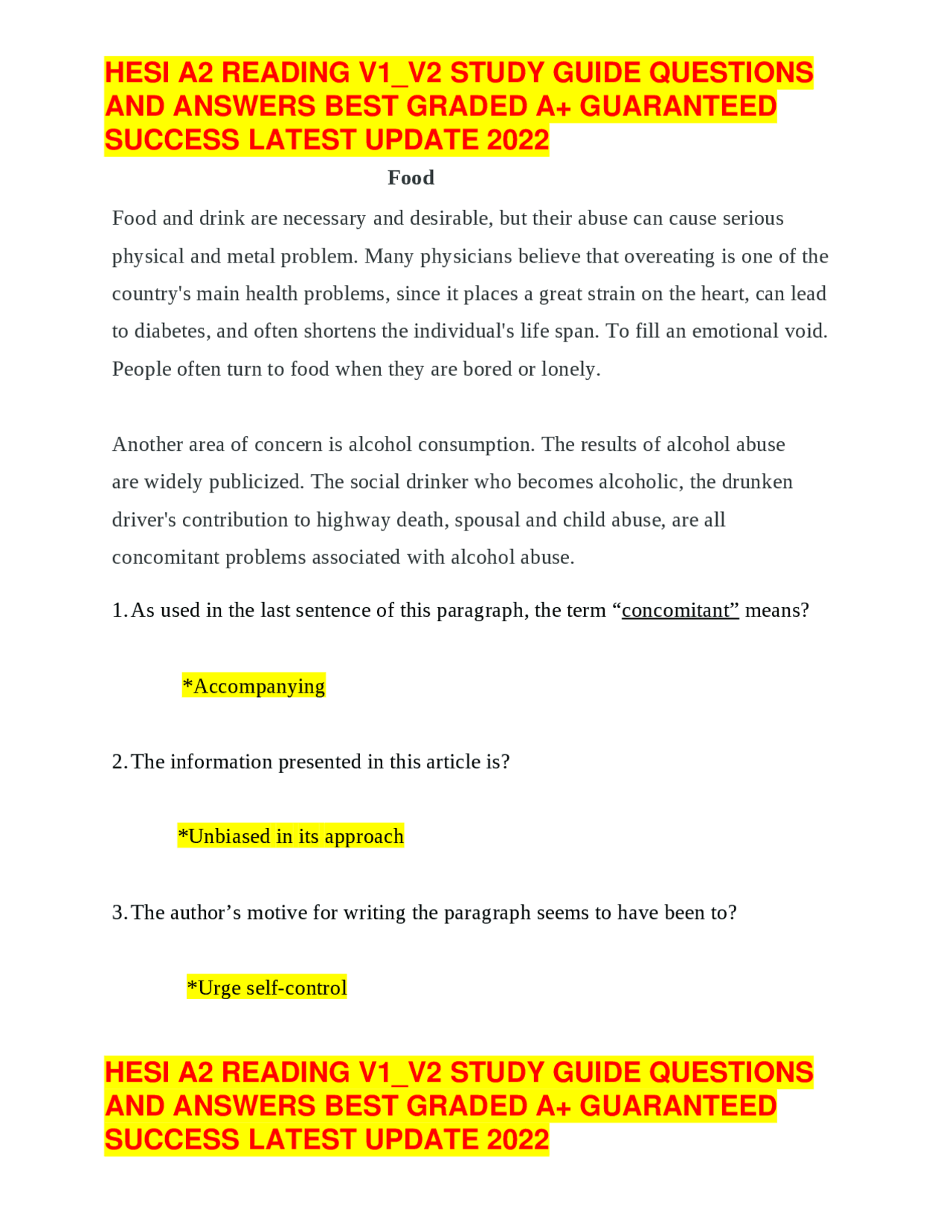 HESI A2 READING V1_V2 STUDY GUIDE QUESTIONS AND ANSWERS BEST GRADED A+ ...