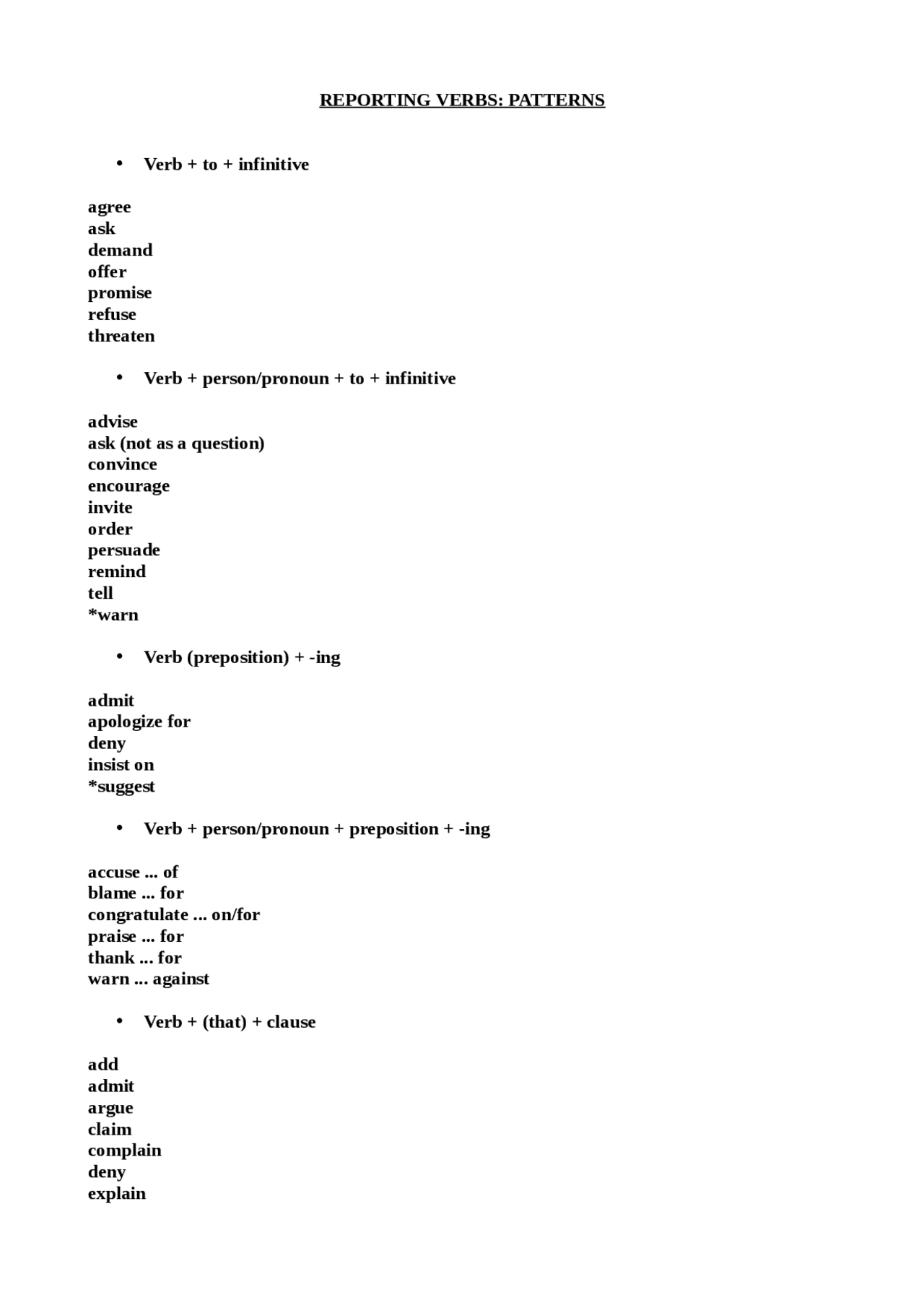 Tipos y estructuras de los reporting verbs - Docsity