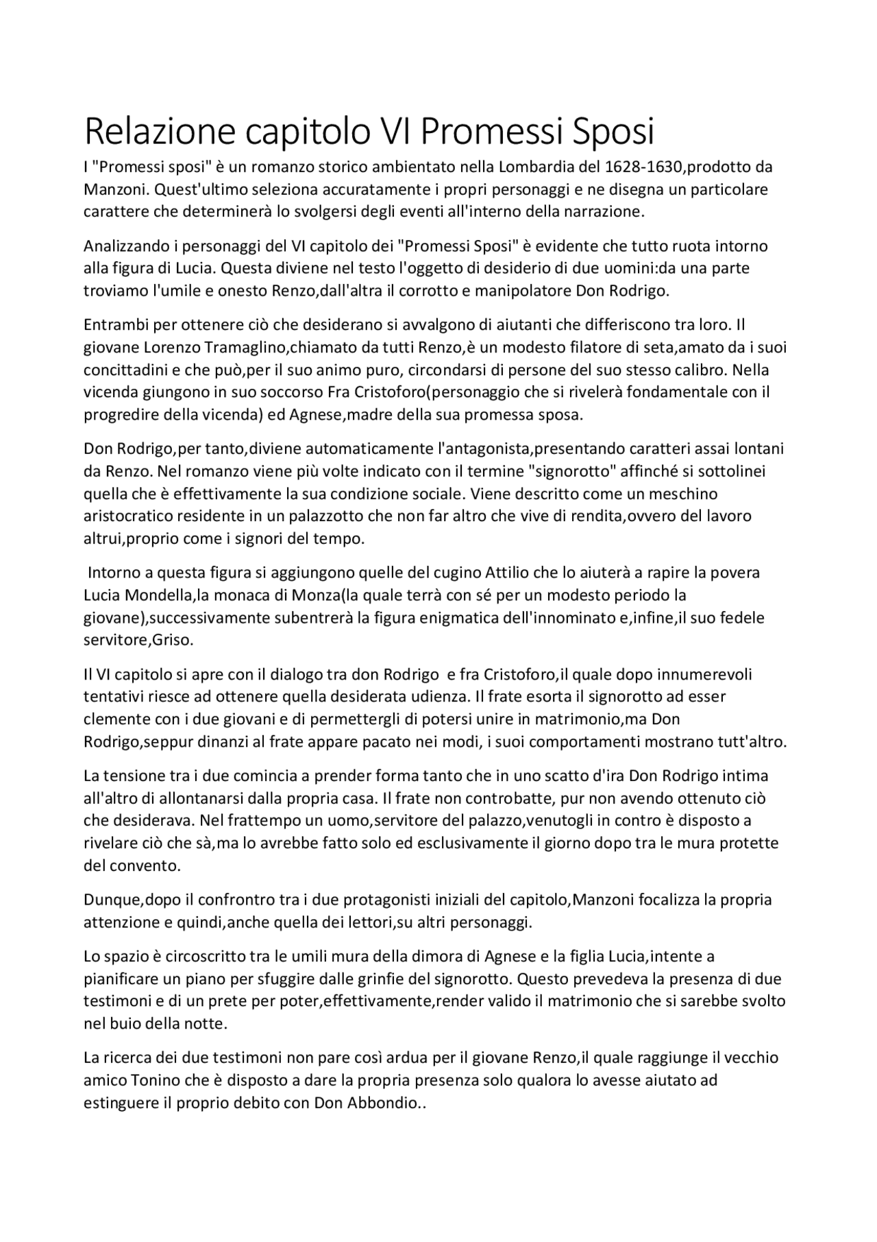 Relazione capitolo VI Promessi Sposi - Docsity