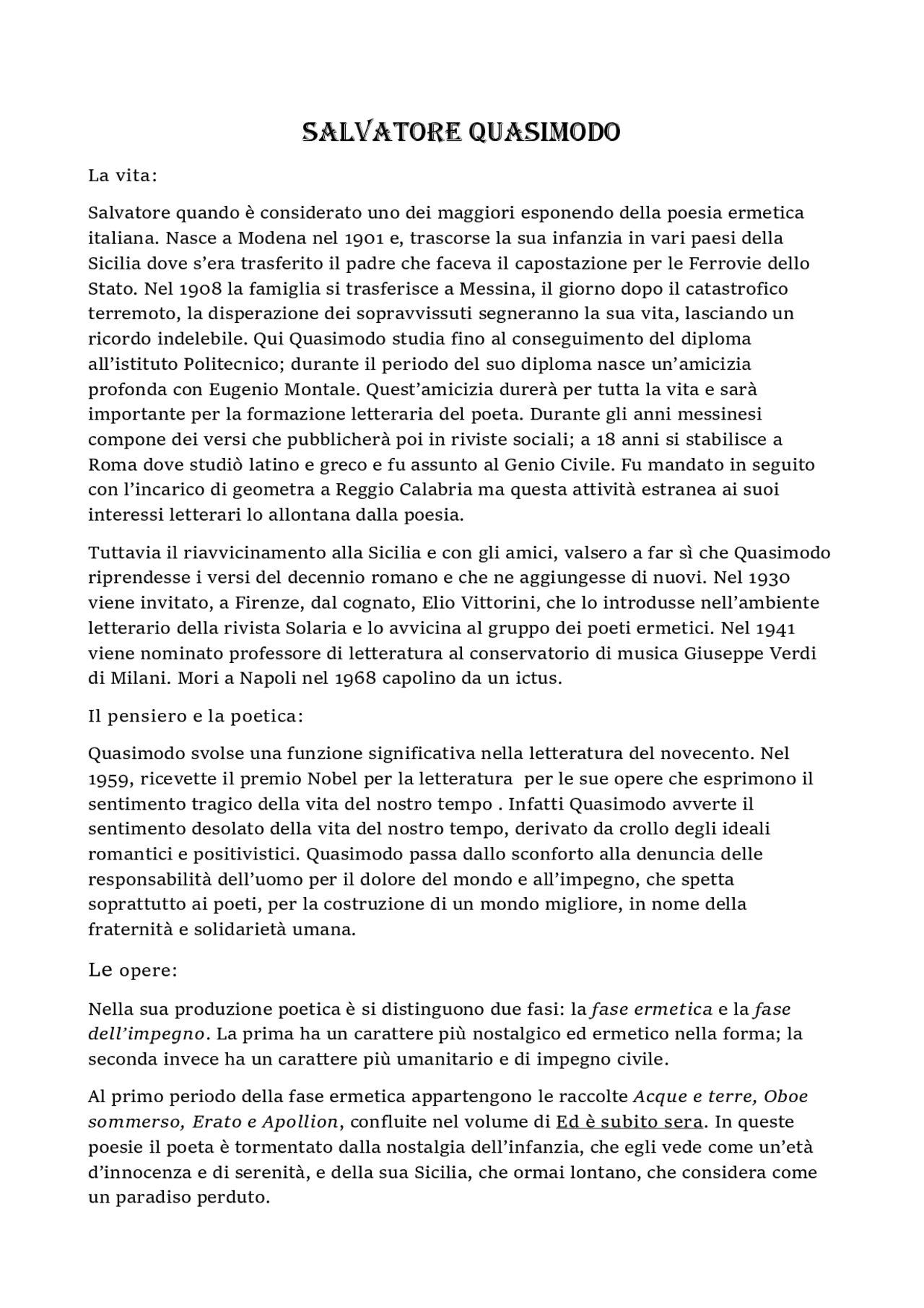 Salvatore Quasimodo Vita E Opere Docsity