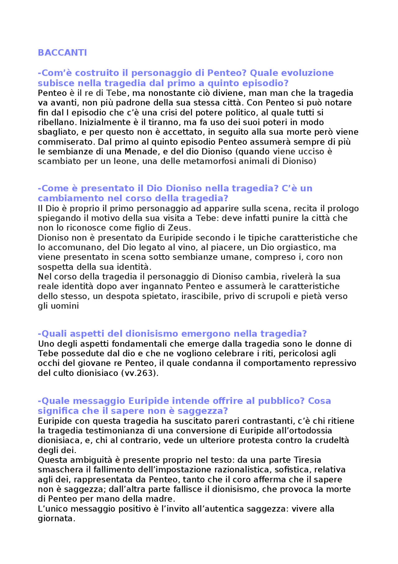 Scheda a domande sulle BACCANTI - Docsity