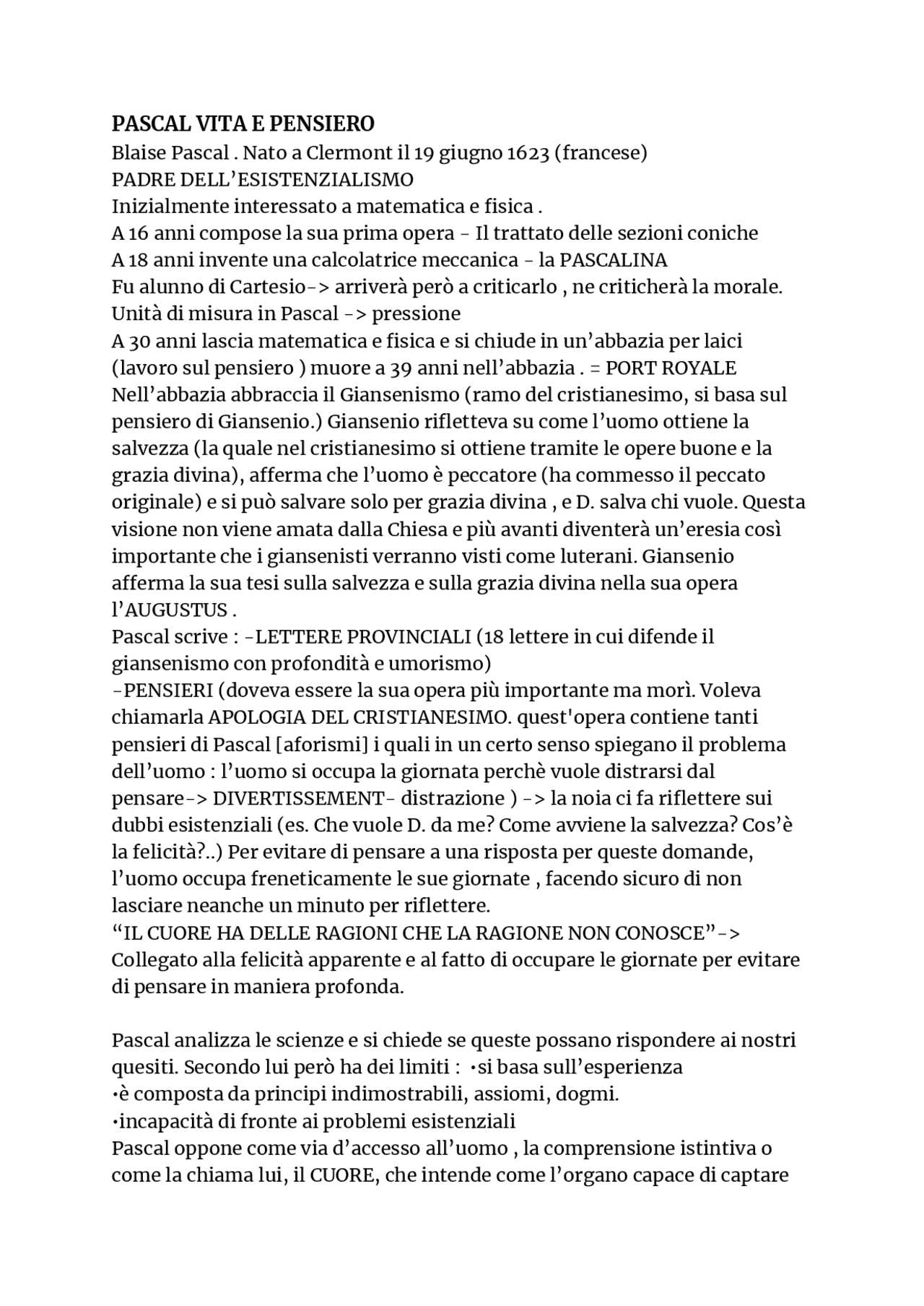 Pascal Vita E Pensiero Docsity