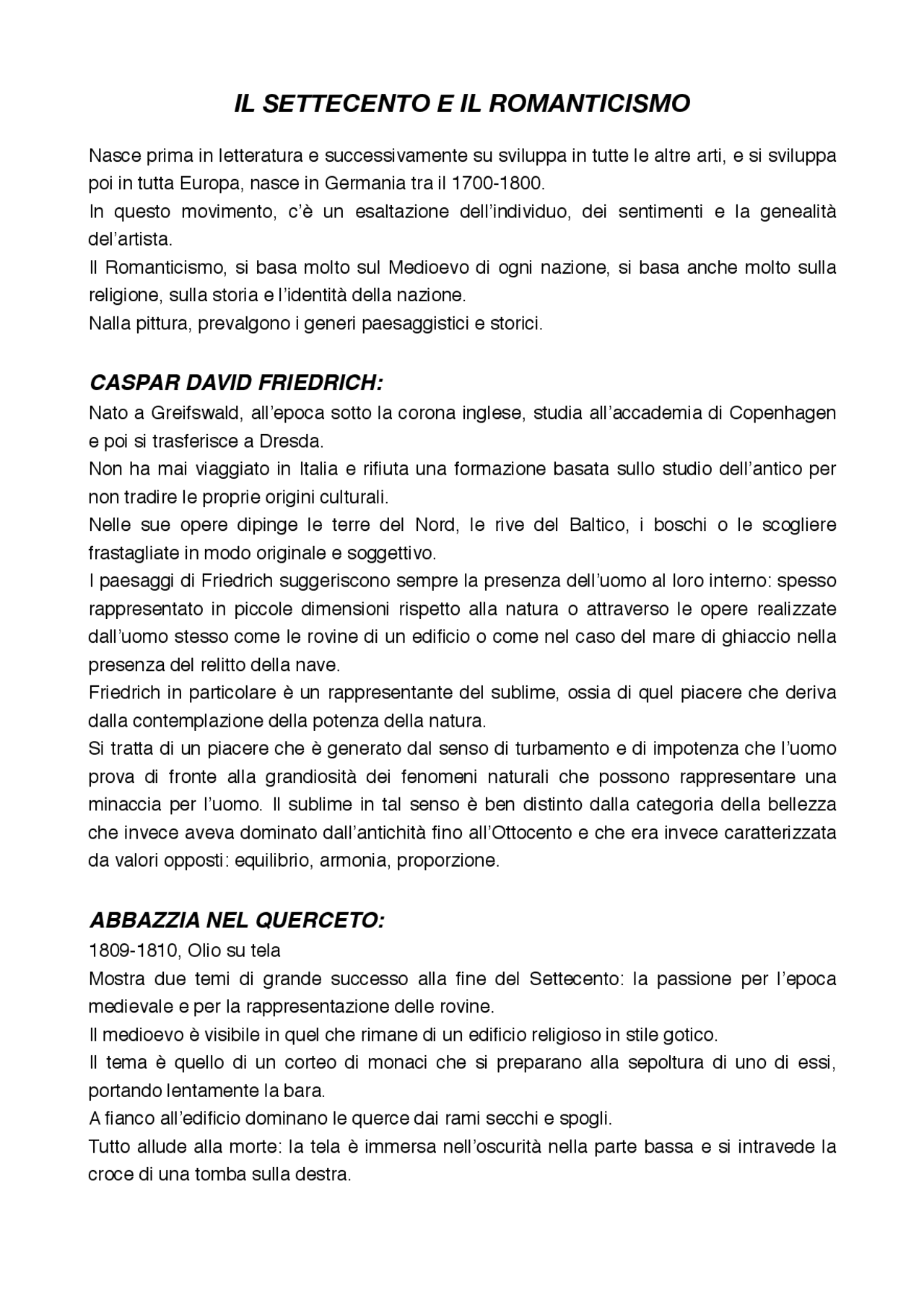 1700-1800 e il Romanticismo - Docsity