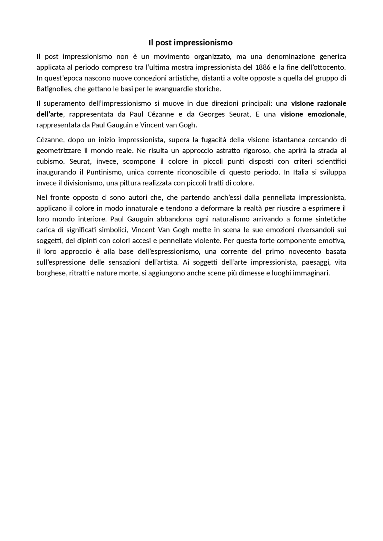 Post Impressionismo In Arte Docsity