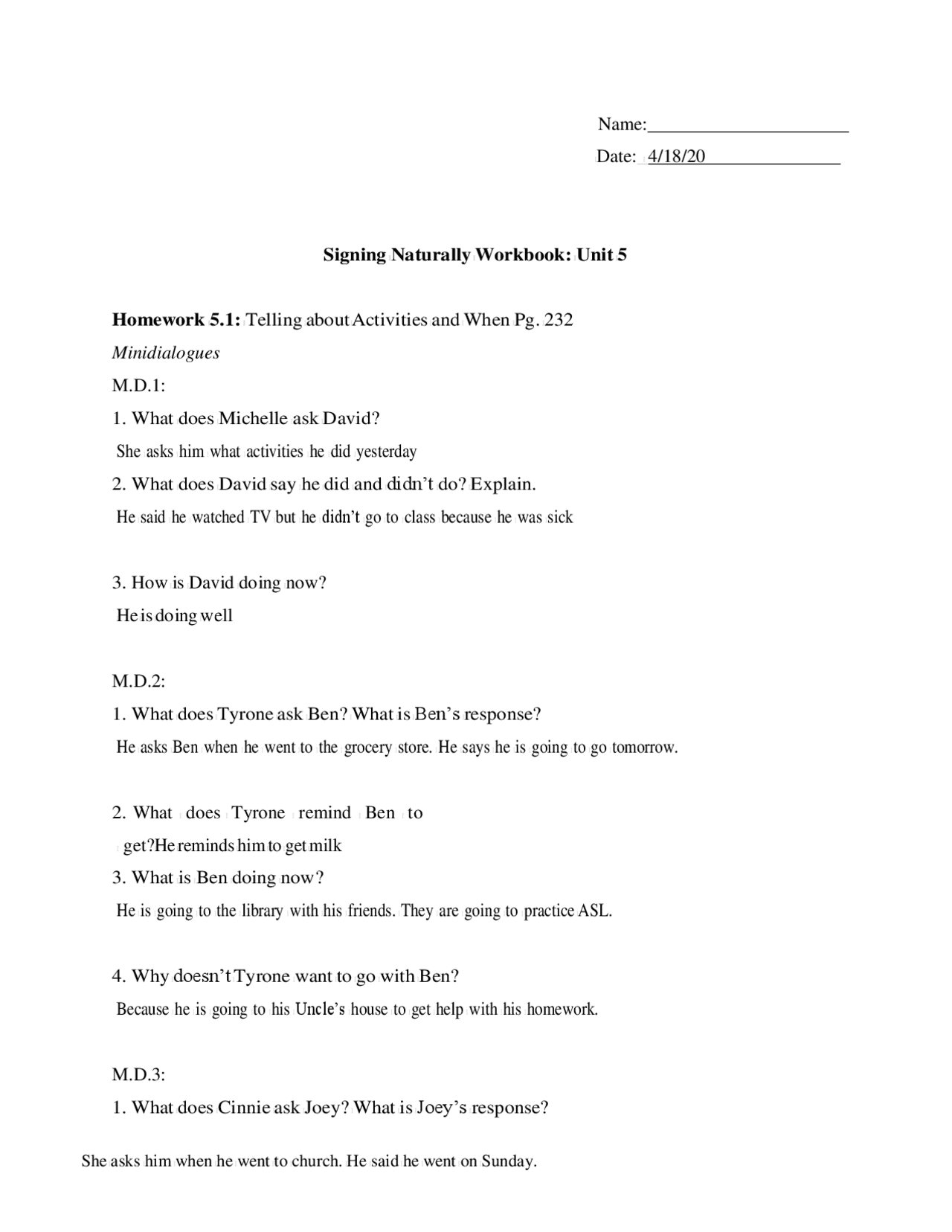 ASL 101 Signing Naturally Workbook Unit 5 | Exercises Nursing | Docsity